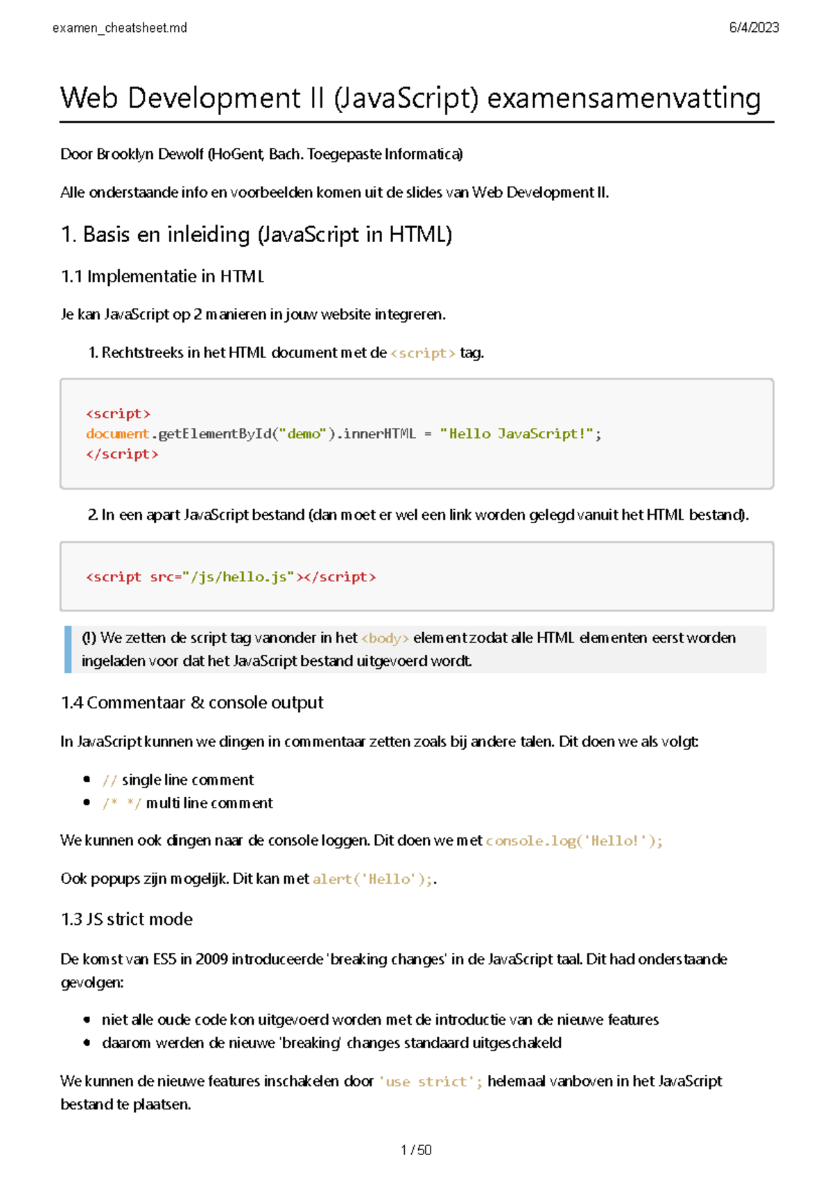 Examen cheatsheet - opzoeken tijdens exame - Web Development II ...