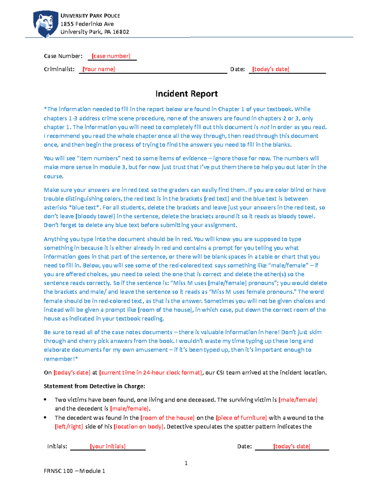 Case Notes - Incident Report-1 - 1855 Federinko Ave University Park, PA ...