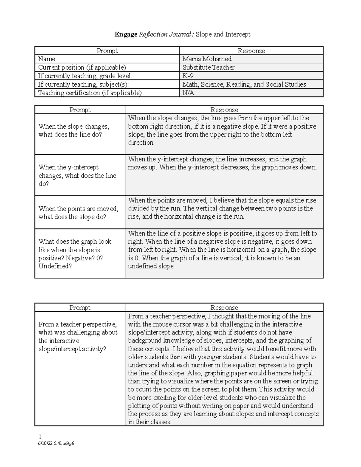 Engage Reflection Journal Slope and Intercept - If it were a positive ...