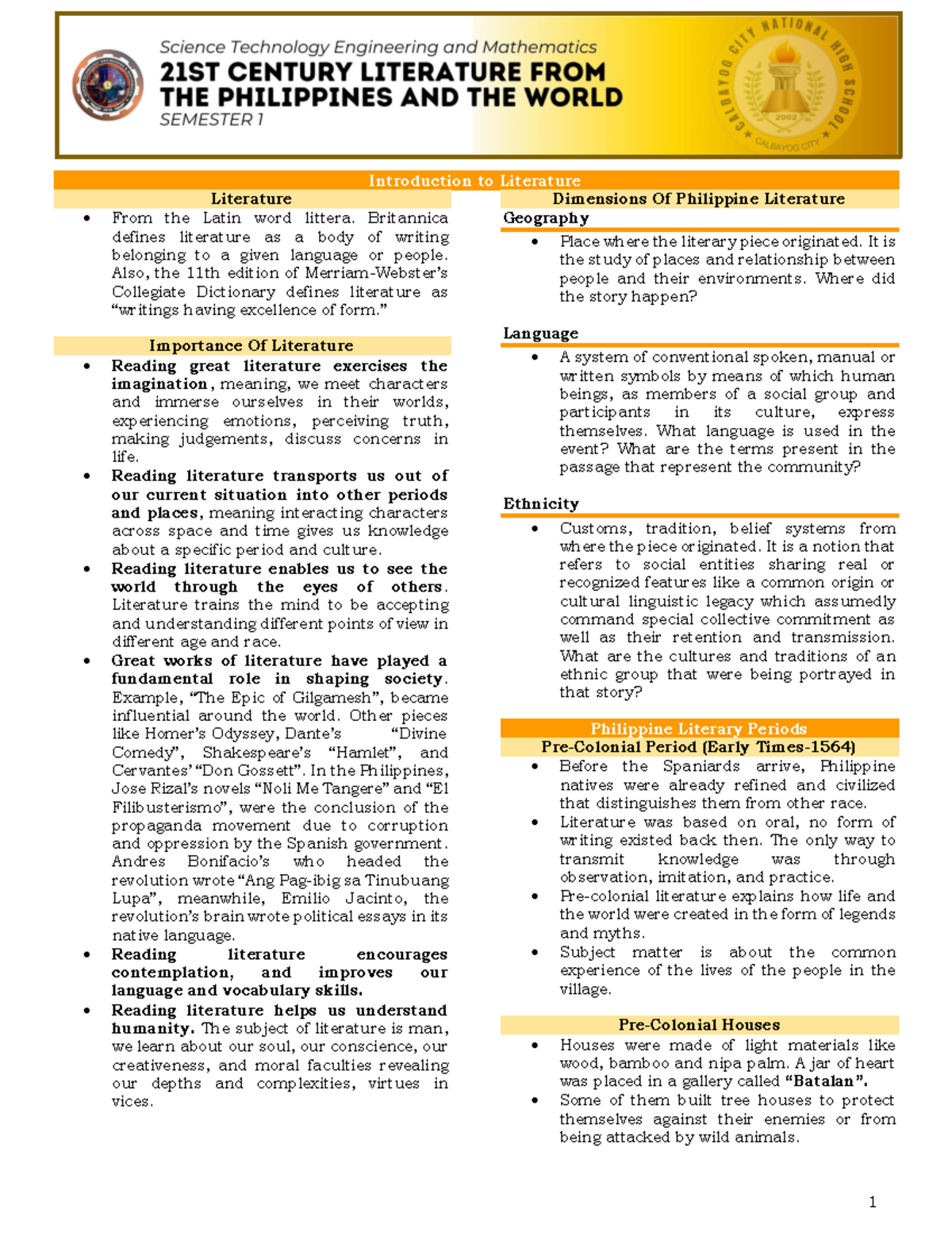 21st Transes - notes - Introduction to Literature Literature From the ...