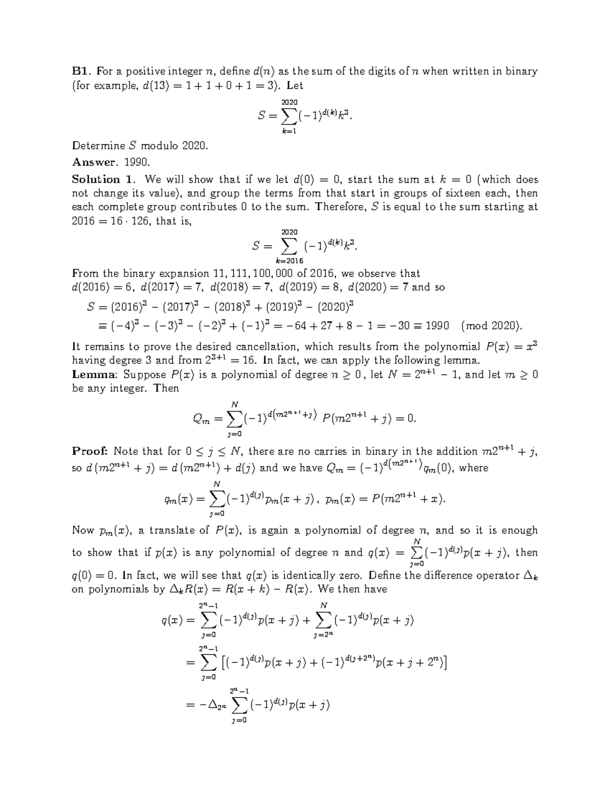 2020 Putnam Session B Solutions - B1. For a positive integern, defined ...
