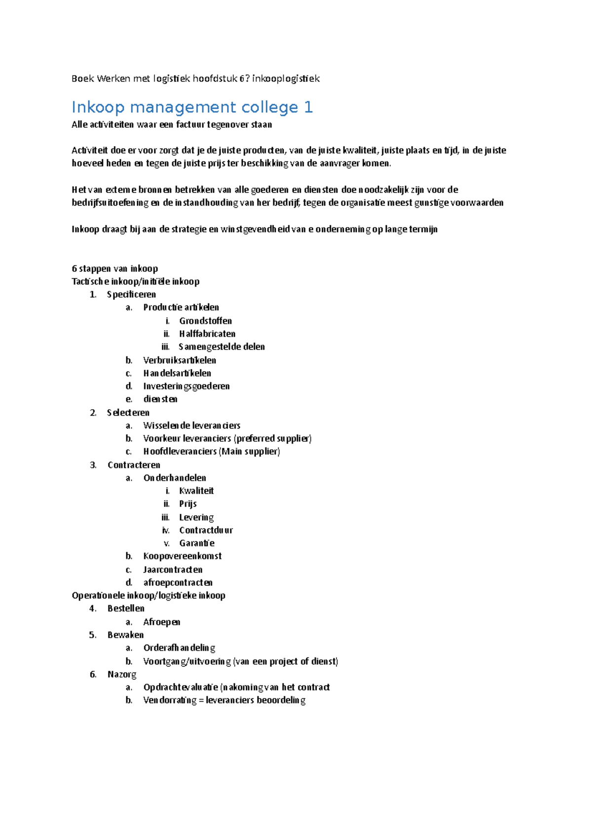 Aantekeningen Inkoop Management - Boek Werken met logistiek hoofdstuk 6 ...