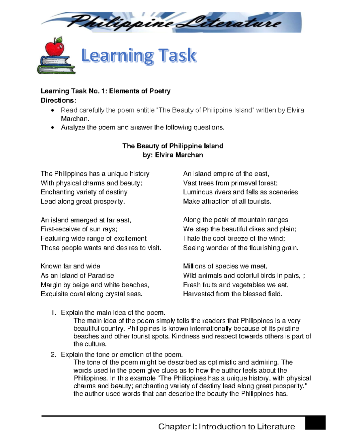 Chapter 1Literature - assignment - Learning Task No. 1: Elements of ...