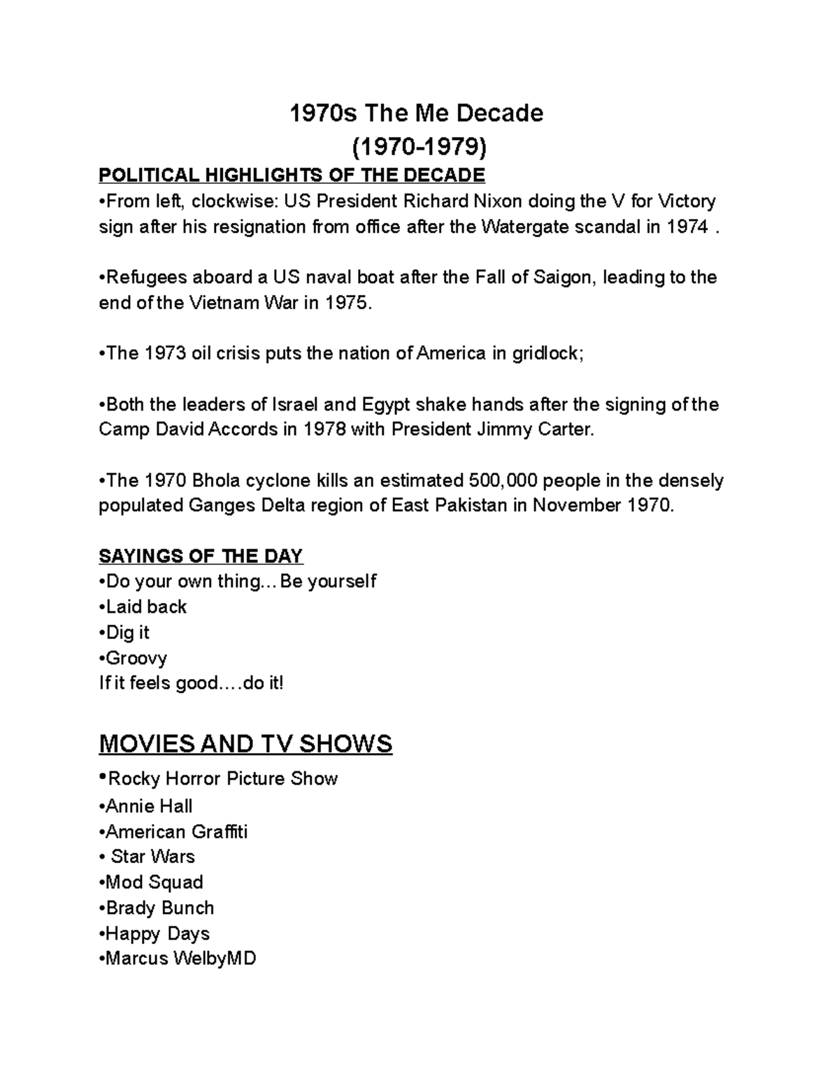 1970s The Me Decade - 1970s The Me Decade (1970-1979) POLITICAL ...