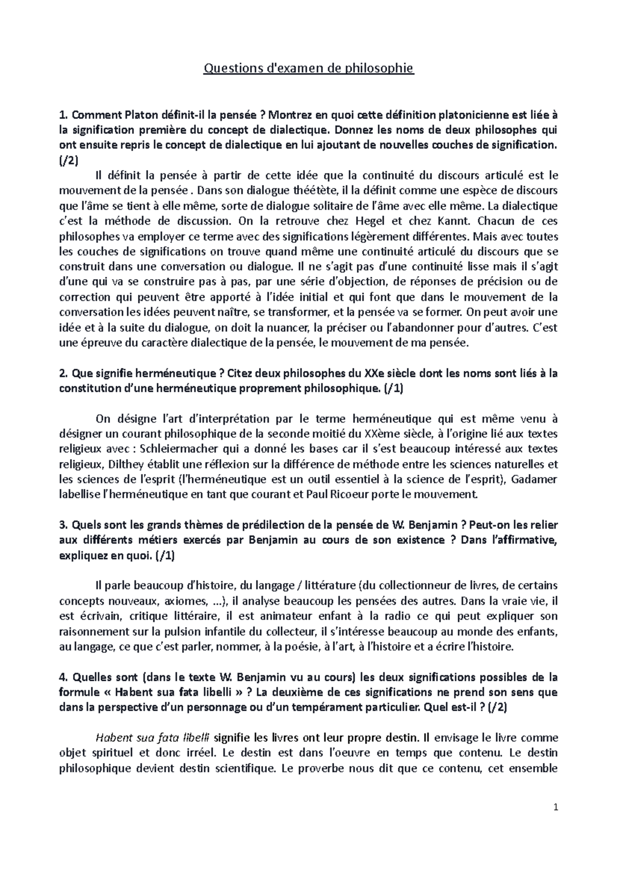 Questions d examen philo - Questions d'examen de philosophie 1. Comment ...