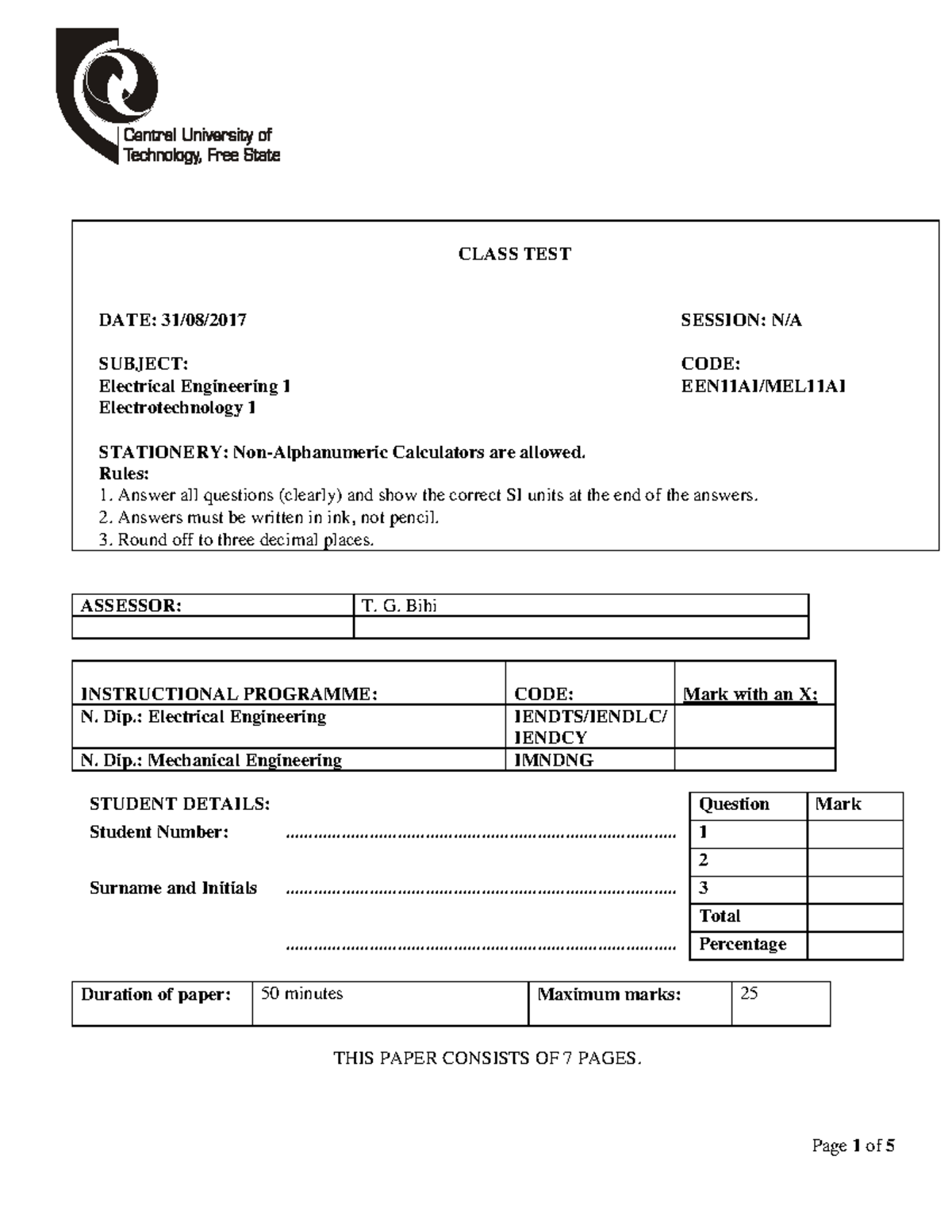 2 Class Test 2017 - Memo - module notes and tutorials for practice ...