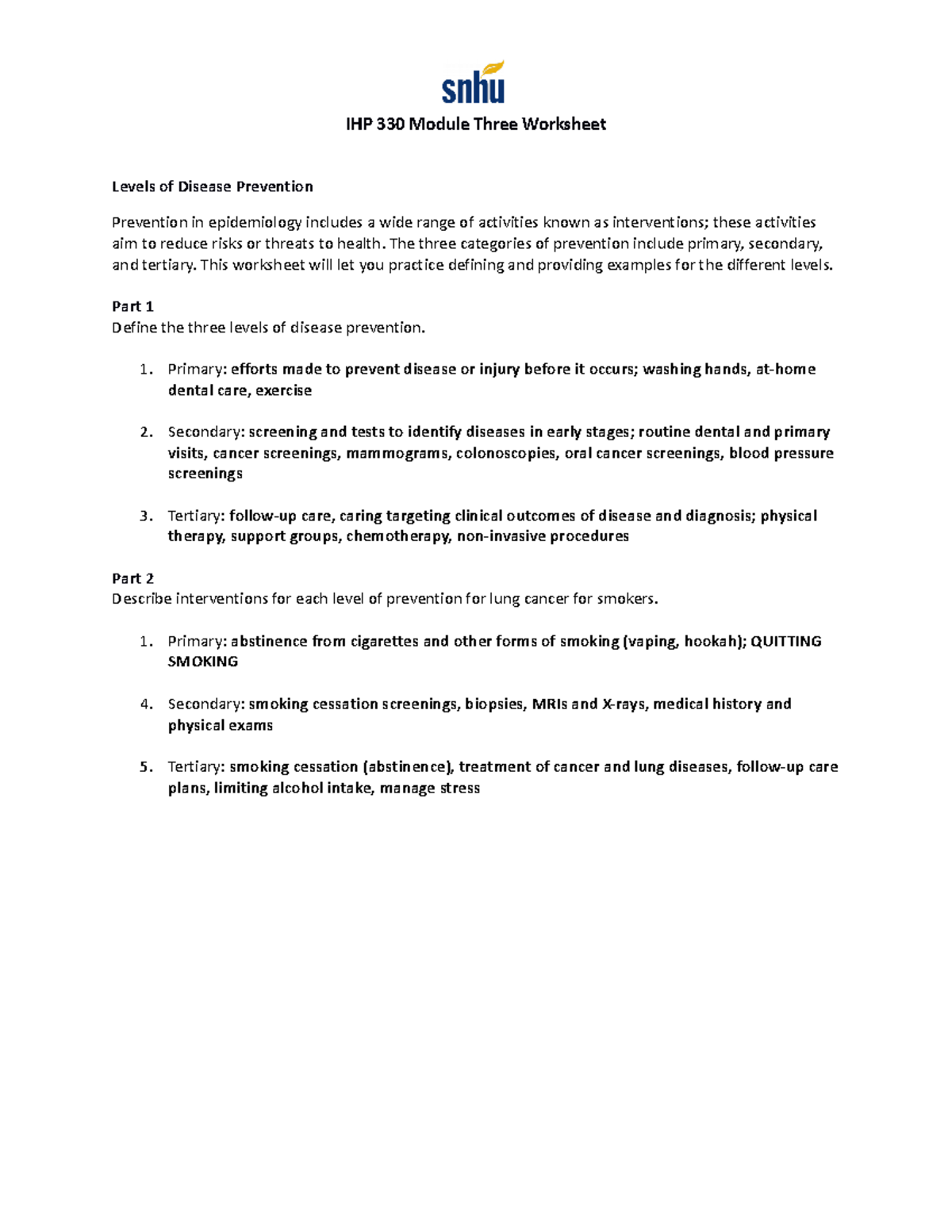 Module Three Worksheetcompleted - IHP 330 Module Three Worksheet Levels ...
