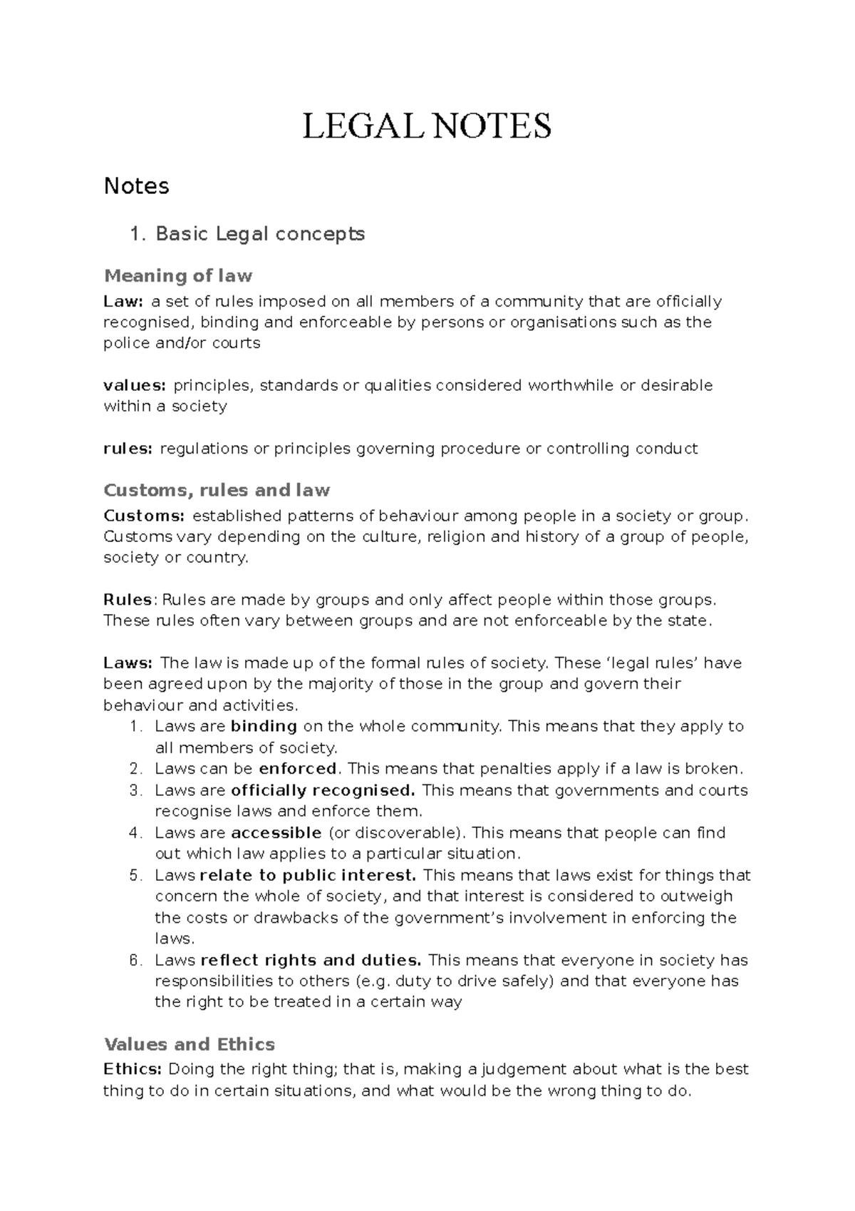 Legal Notes - LEGAL NOTES Notes 1. Basic Legal concepts Meaning of law ...