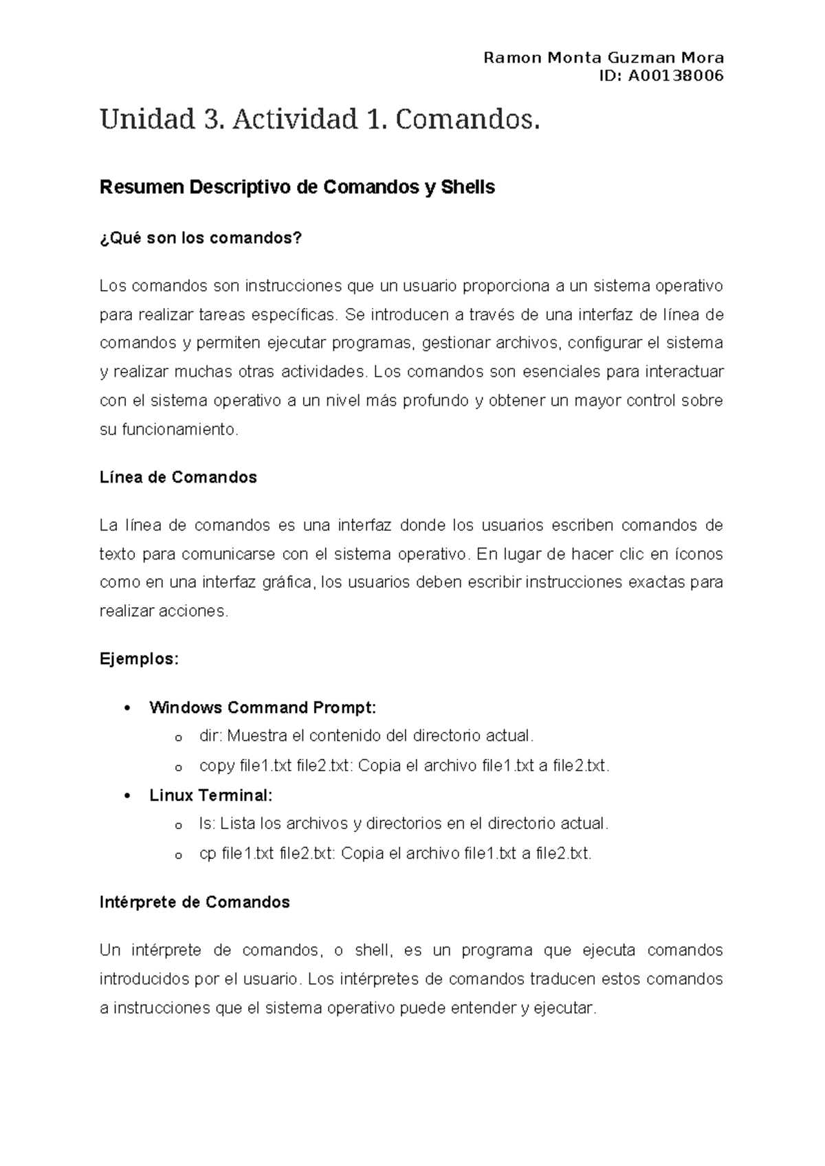 Unidad 3. Actividad 1. Comandos - ID: A Unidad 3. Actividad 1. Comandos. Resumen Descriptivo de ...