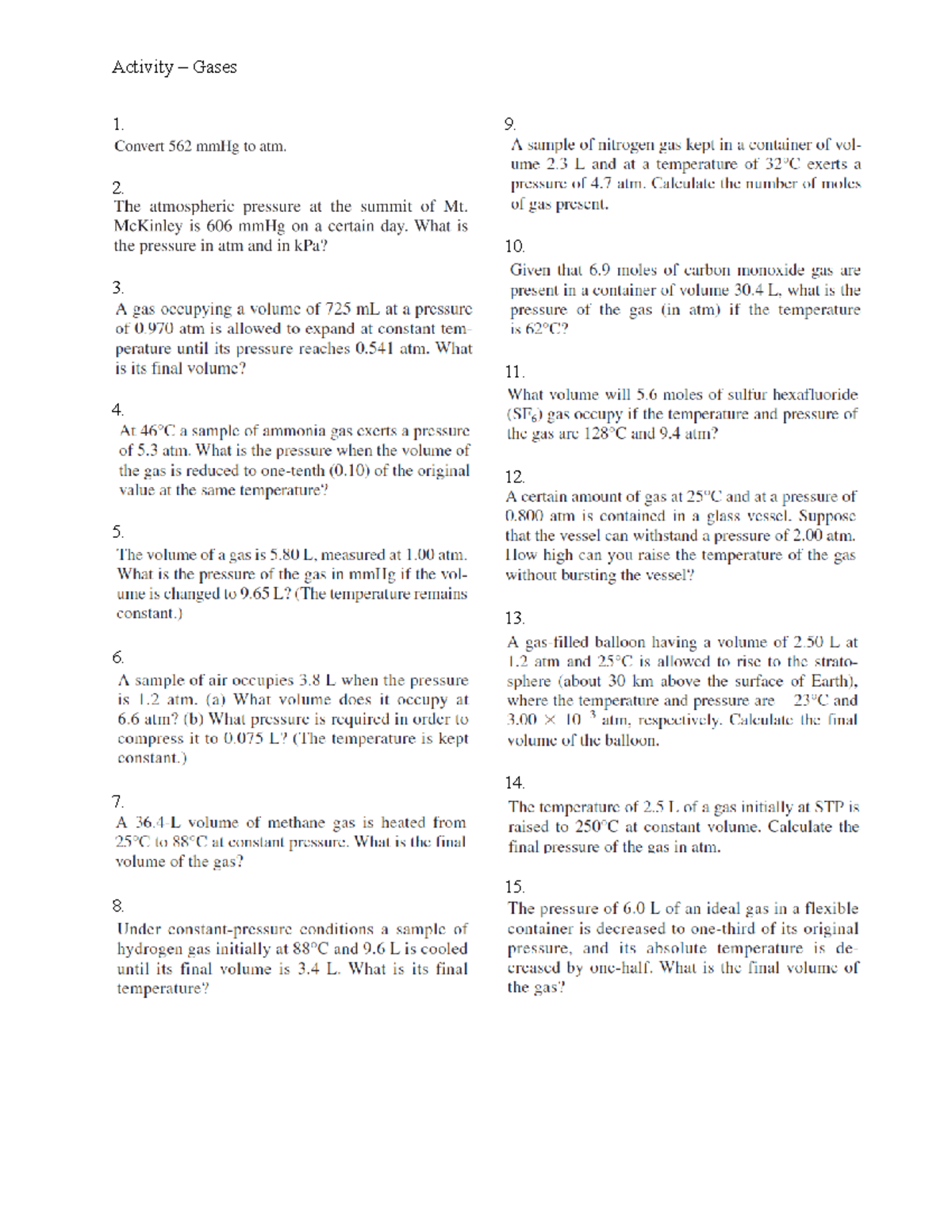 Activity-Gases - Chemistry - Activity – Gases 1. 2. 3. 4. 5. 6. 7. 8. 9 ...