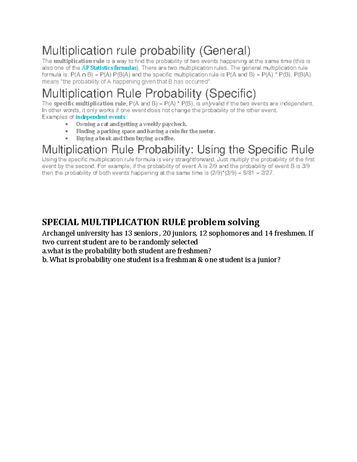 Special Multiplication Rule of probability lecture notes ...