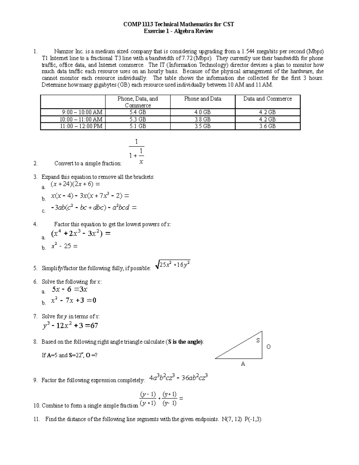 Exercise 01 - Algebra Review - ####### S ####### O ####### A COMP 1113 ...