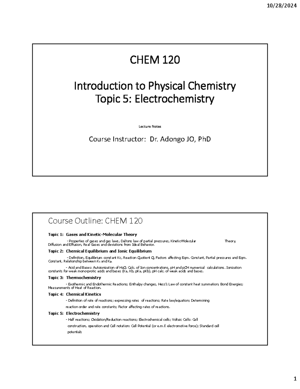 CHEM 120 - Notes SEPT-DEC 2024 Topic 5 Electrochemistry 2pgs - CHEM 120 ...