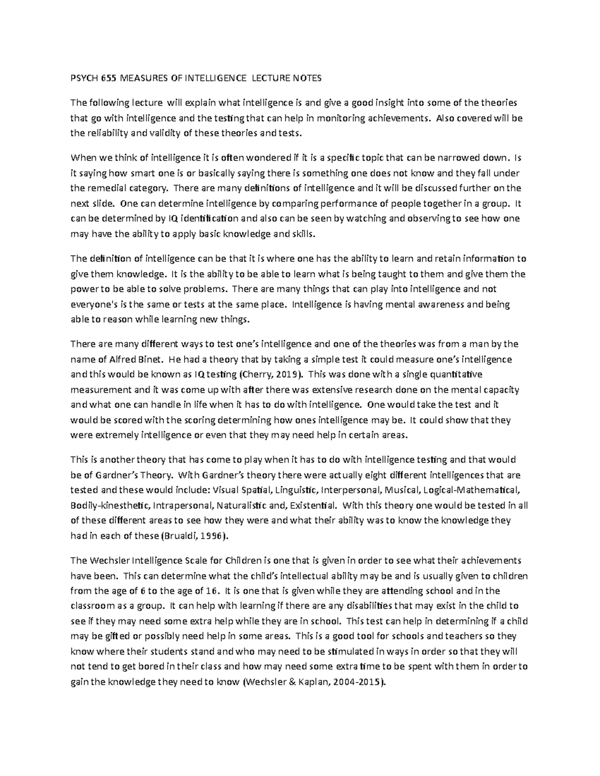 PSYCH 655 Measures OF Intelligence Lecture Notes - PSYCH 655 MEASURES ...