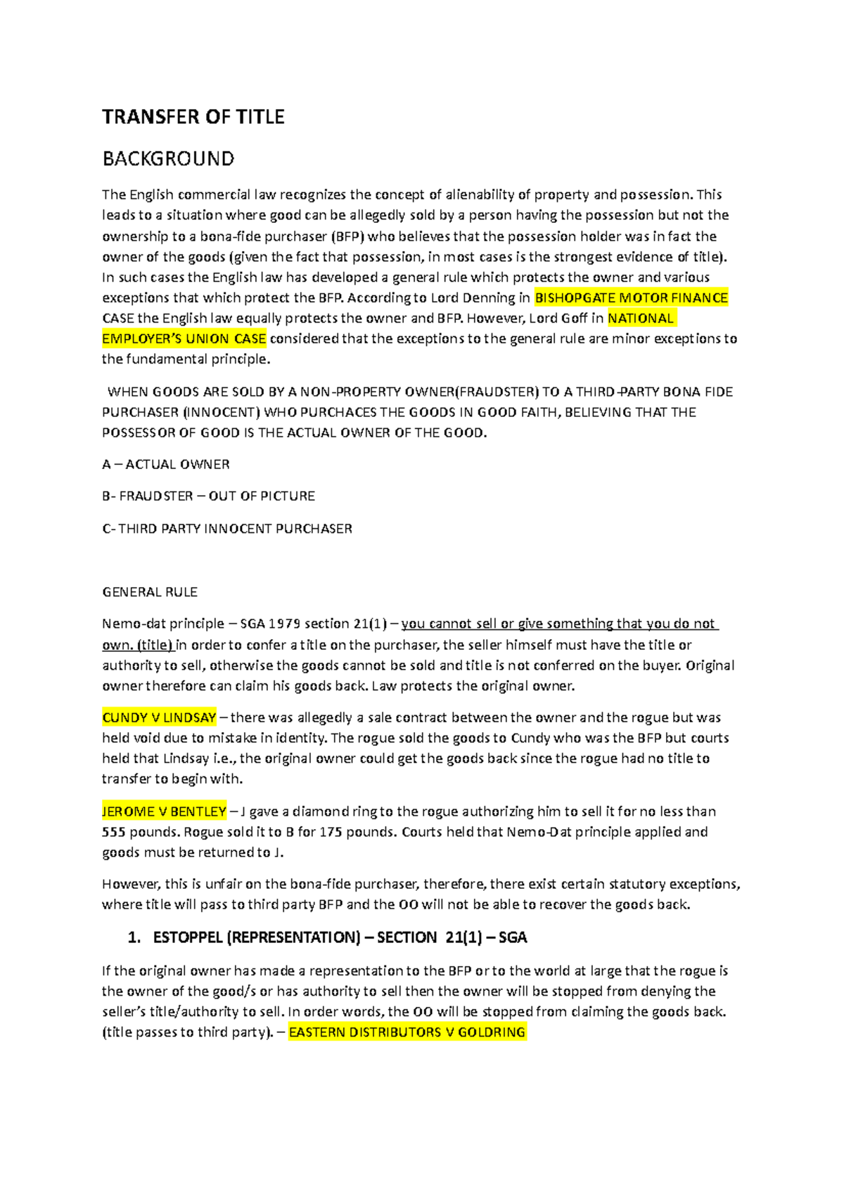 Transfer OF Title - notes - TRANSFER OF TITLE BACKGROUND The English ...