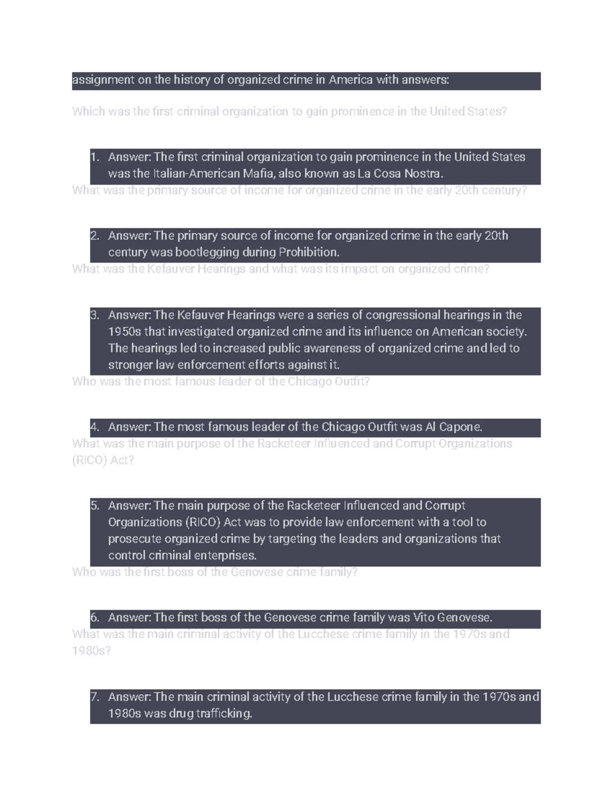 Assignment on the history of organized crime in America with answers ...