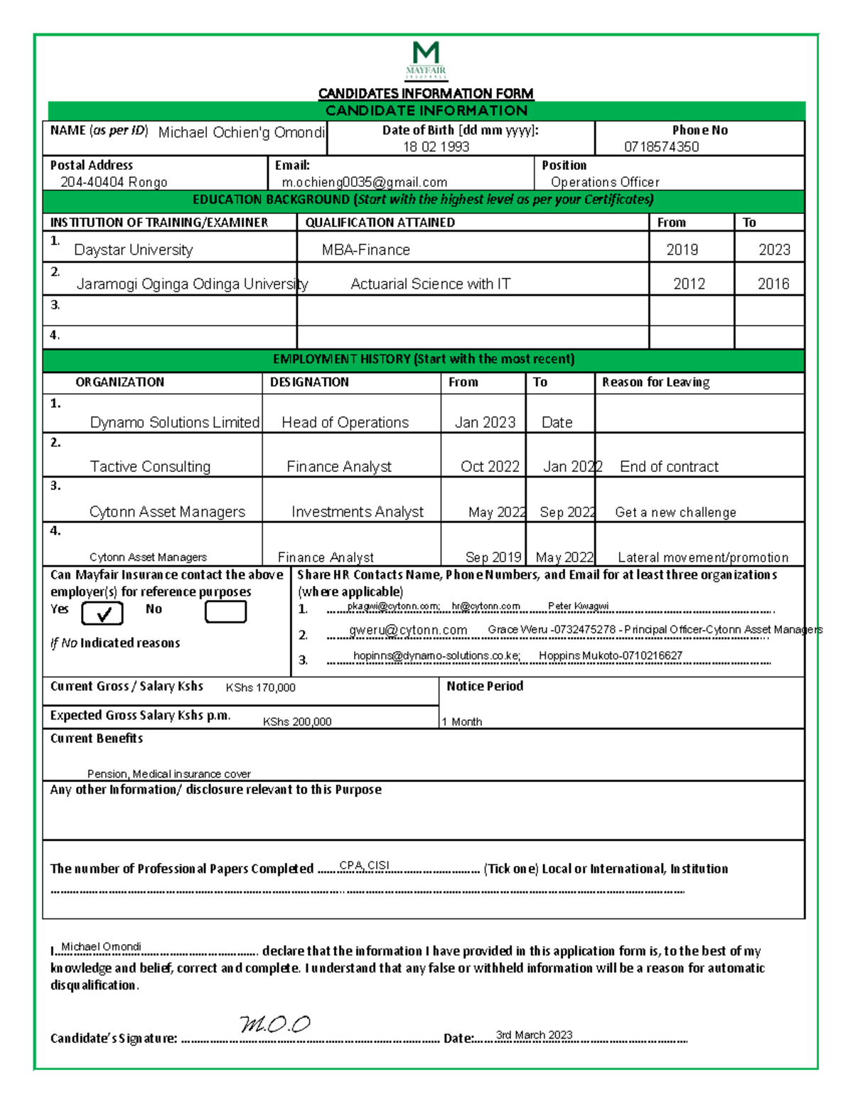 Mayfair Insurance Pre-Employement Form - CANDIDATES INFORMATION FORM ...
