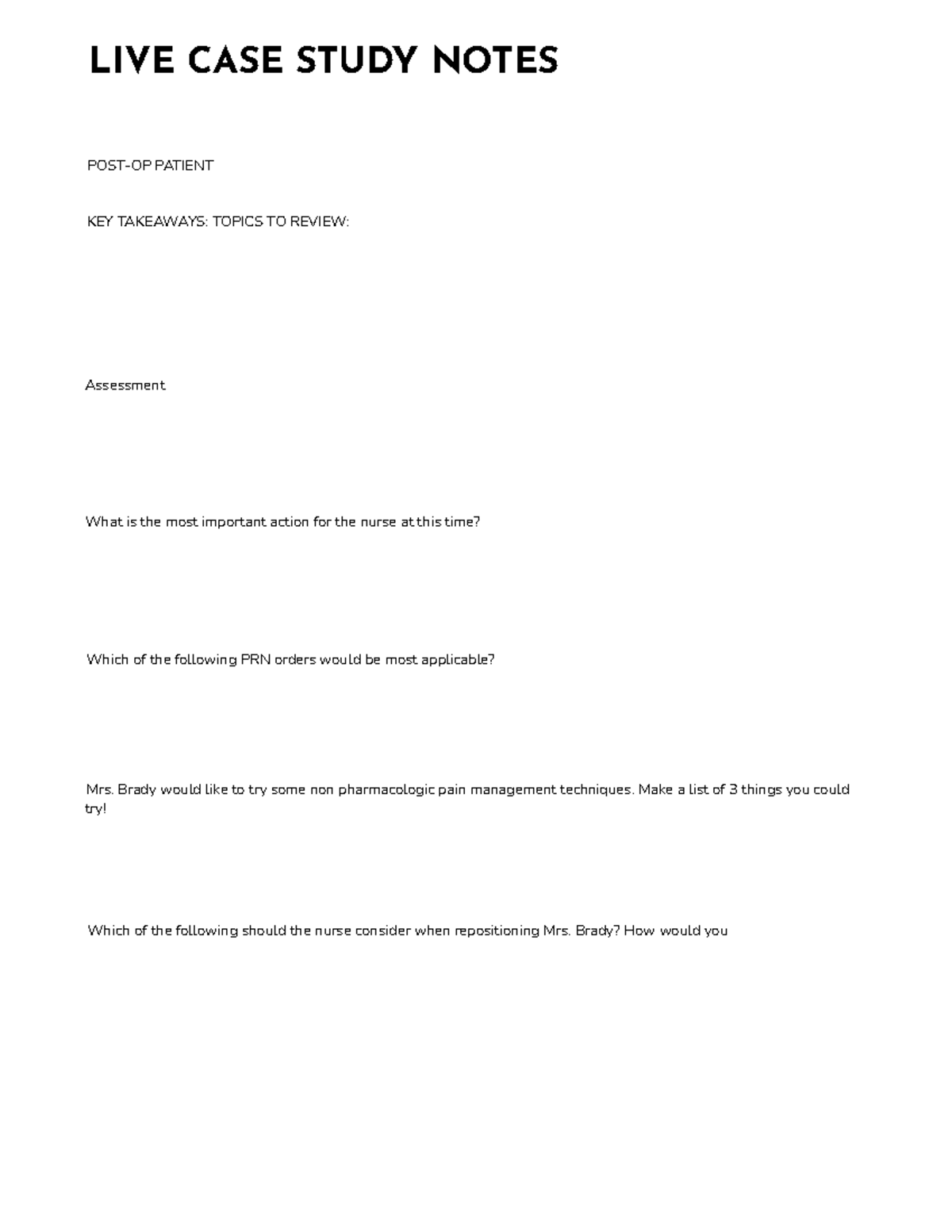 Live Post-Op Patient Case Study Note Taking Handout - LIVE CASE STUDY ...