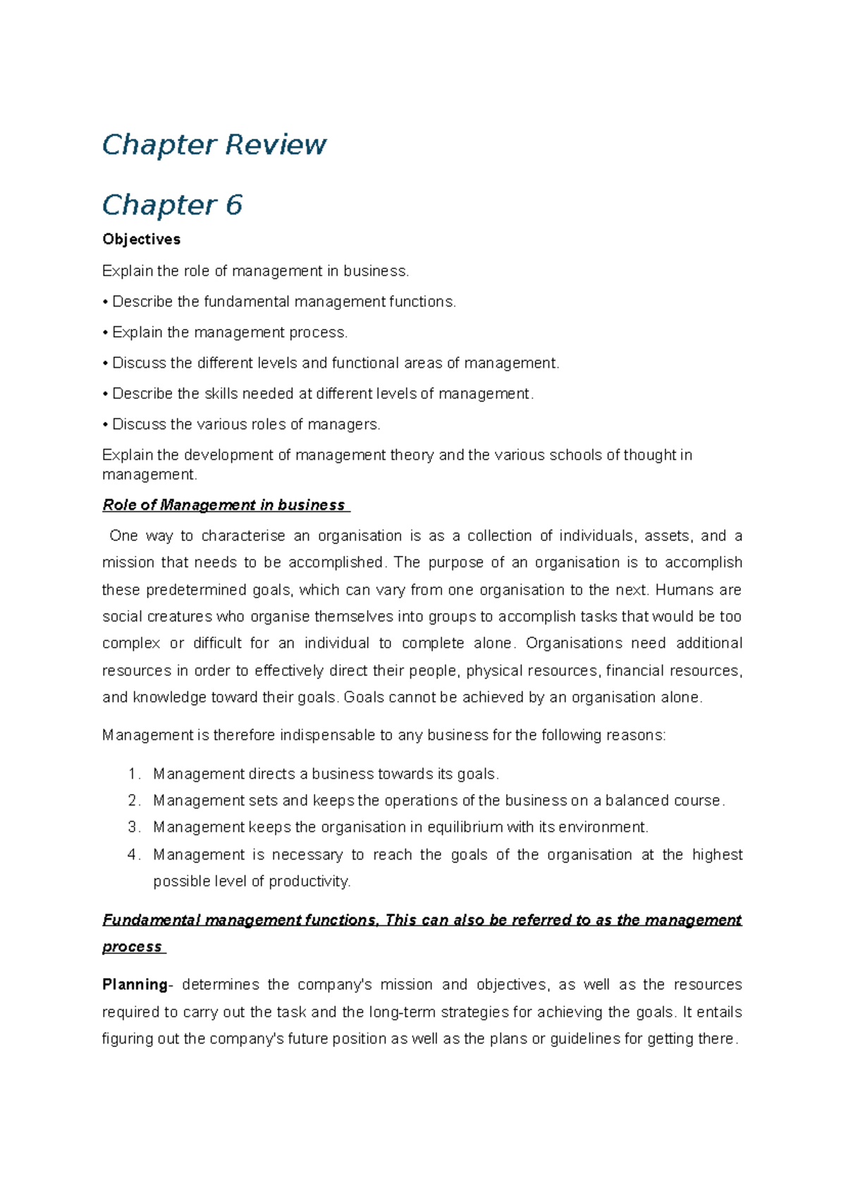 Chapter 6 Review General Management - Chapter Review Chapter 6 ...