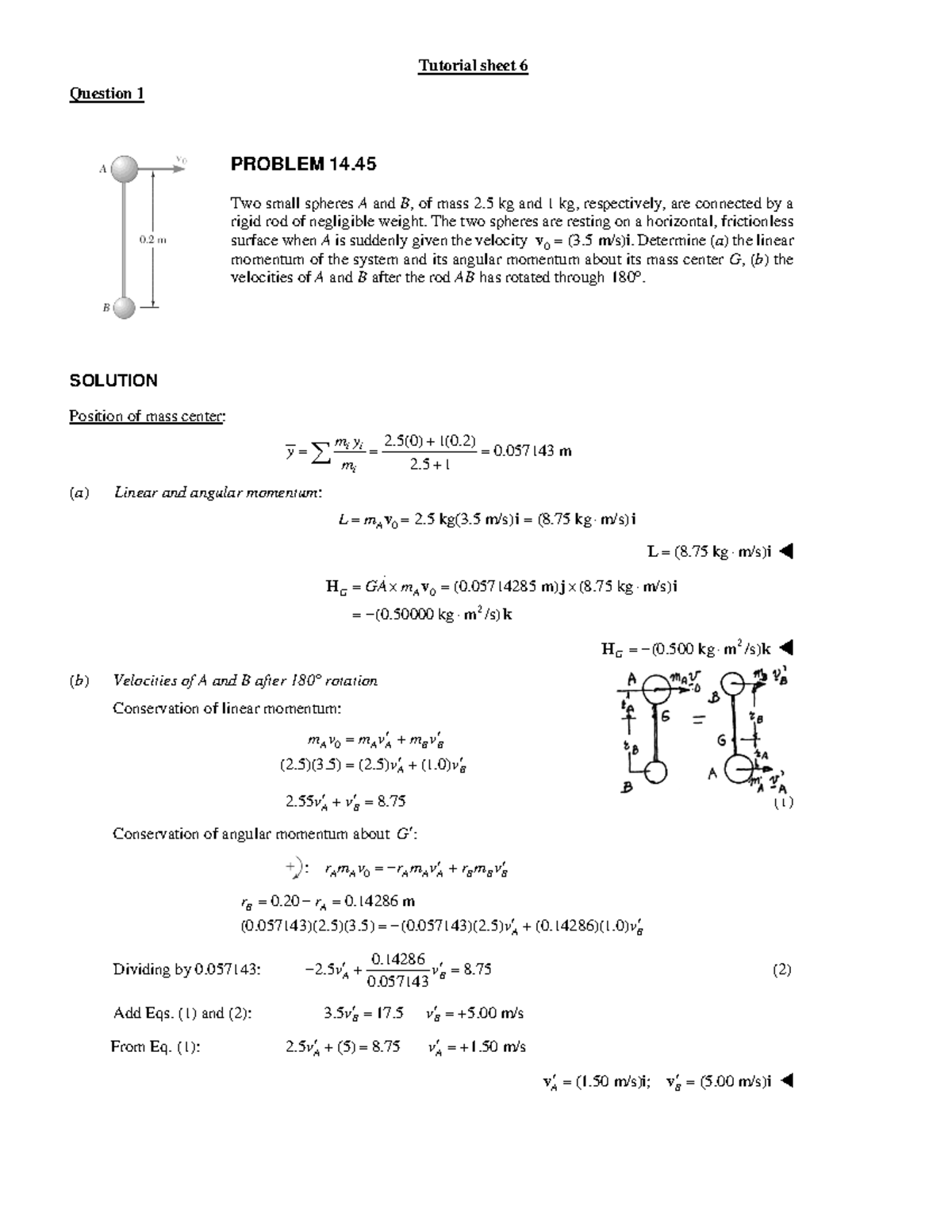 dynamics practice materials - Tutorial sheet 6 Question 1 PROBLEM 14 ...