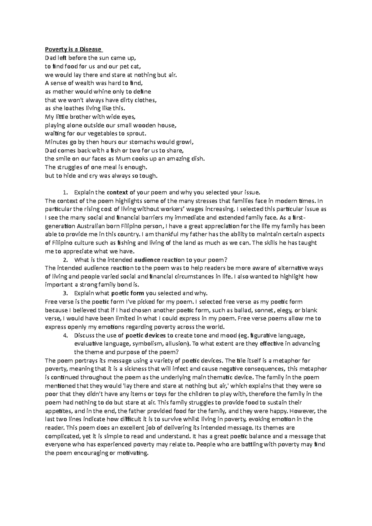 English Poetry - Poverty is a Disease - Poverty is a Disease Dad left ...