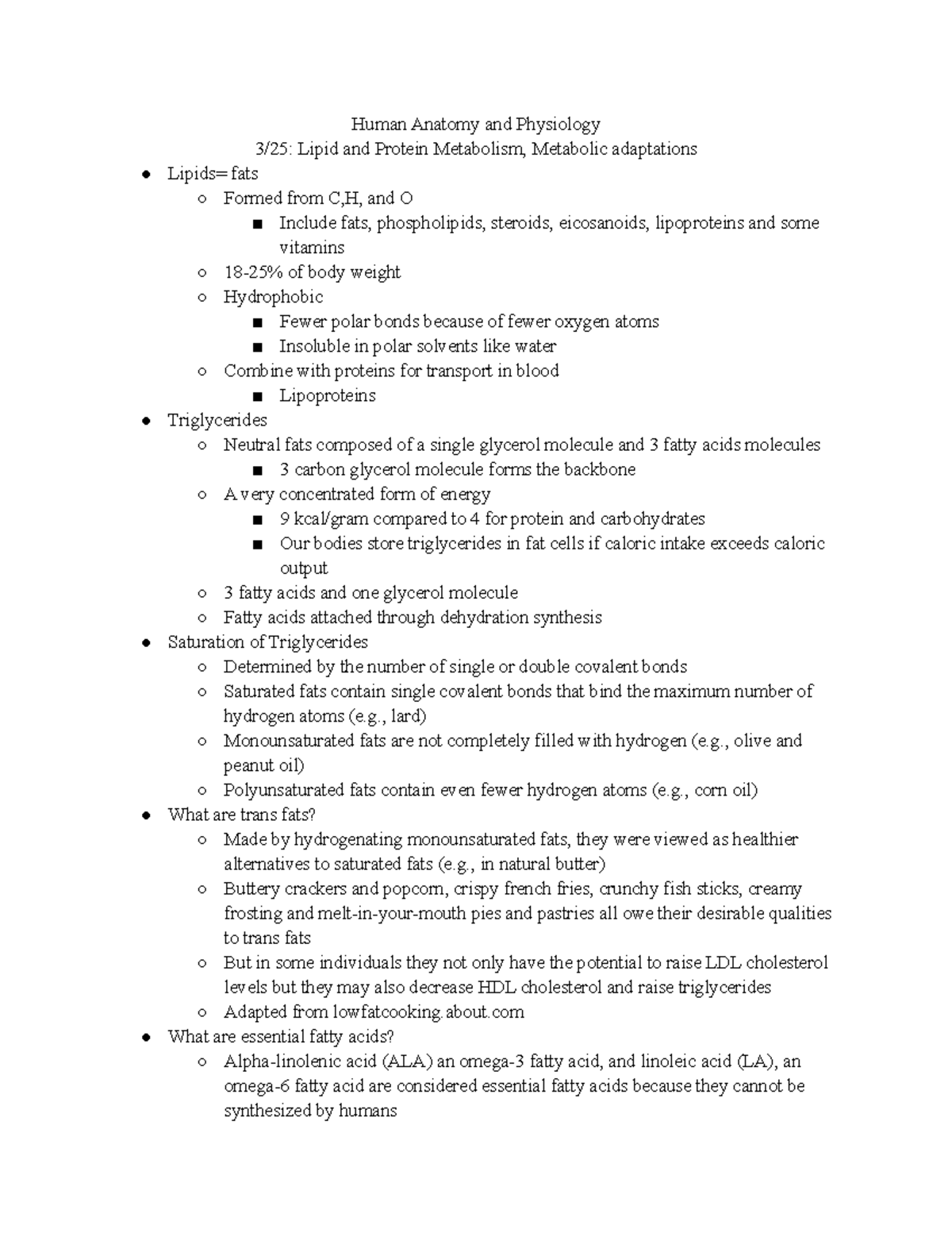 Lipid and Protein Metabolism and Metabolic Adaptations Lecture Notes ...