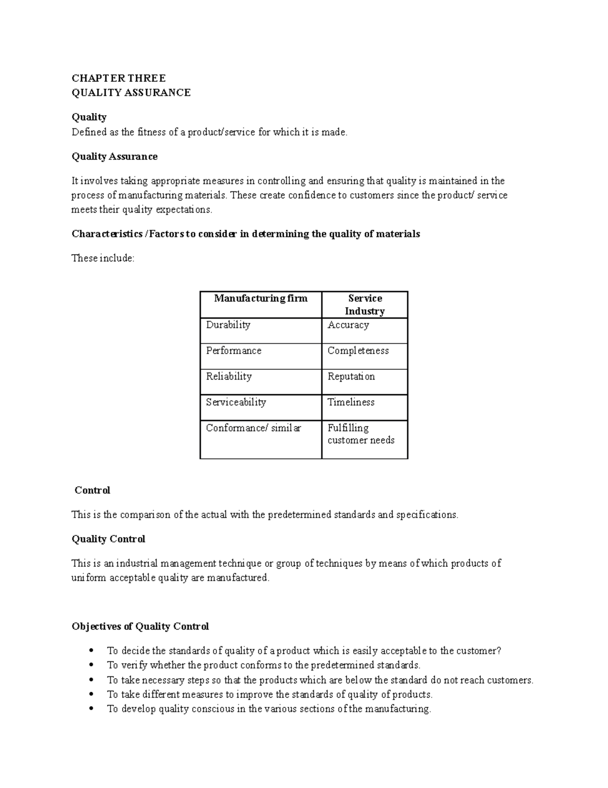 Quality assurance - Mr Fedha lecture notes - CHAPTER THREE QUALITY ...