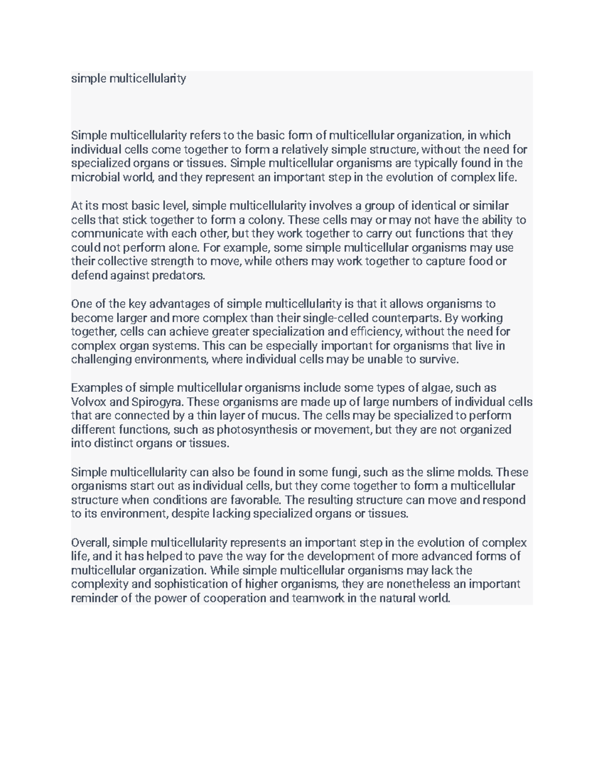 Simple multicellularity - simple multicellularity Simple ...