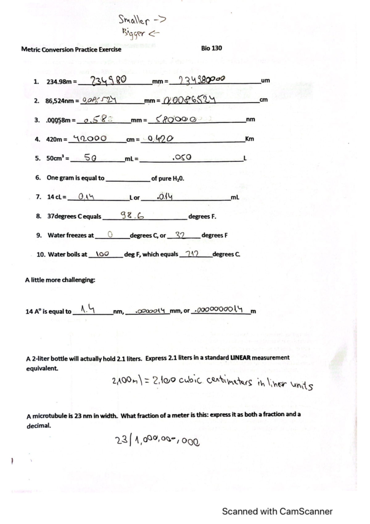 Biol 130 Metric Convertion - Smaller Bigger Metric Conversion Practice ...