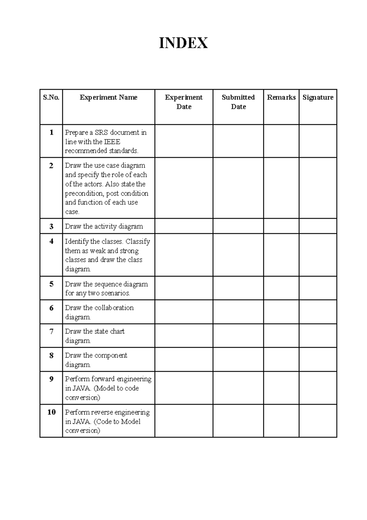 10 Experiments+Index(SE) - INDEX S. Experiment Name Experiment Date Submitted Date Remarks ...