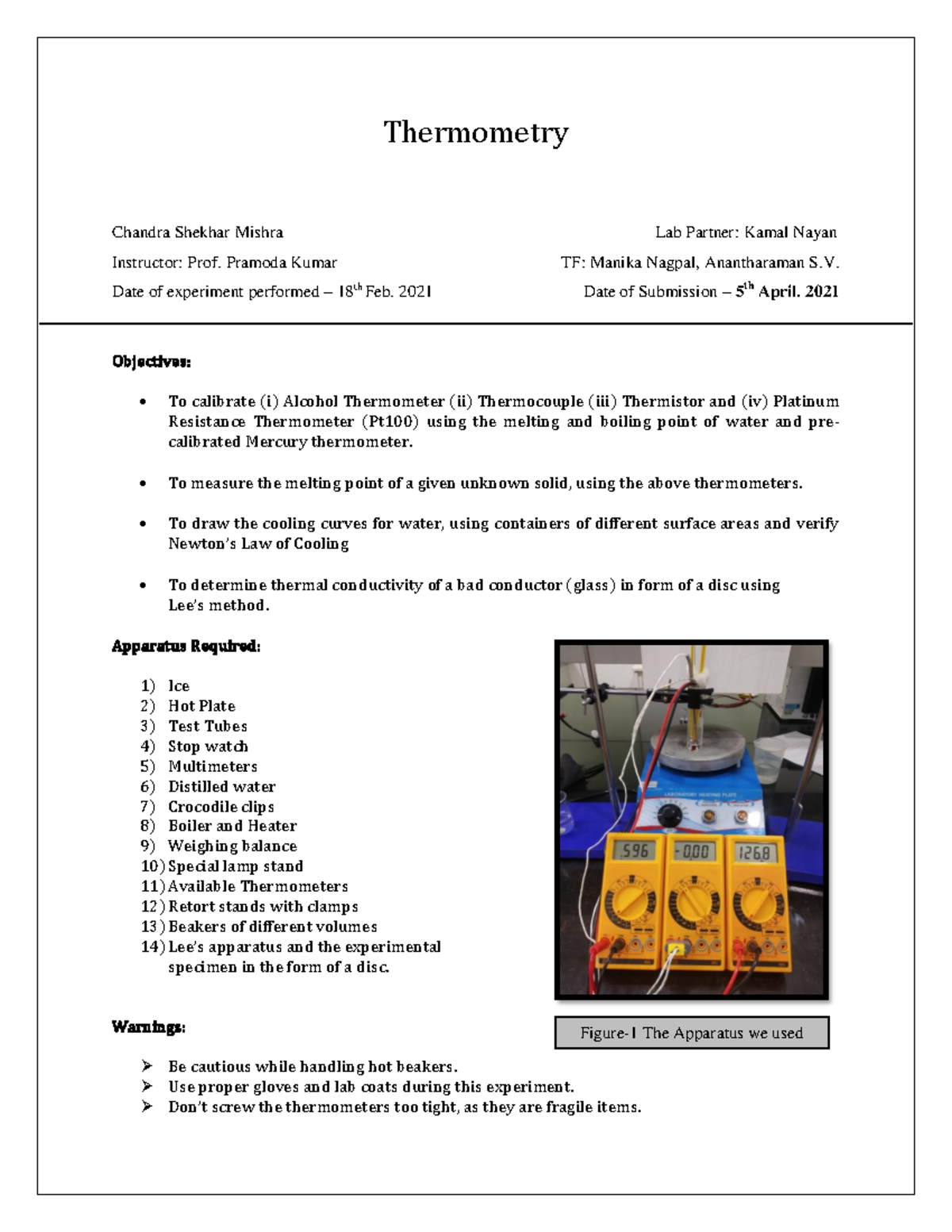 Lab Report Thermometry - Thermometry Chandra Shekhar Mishra Lab Partner ...