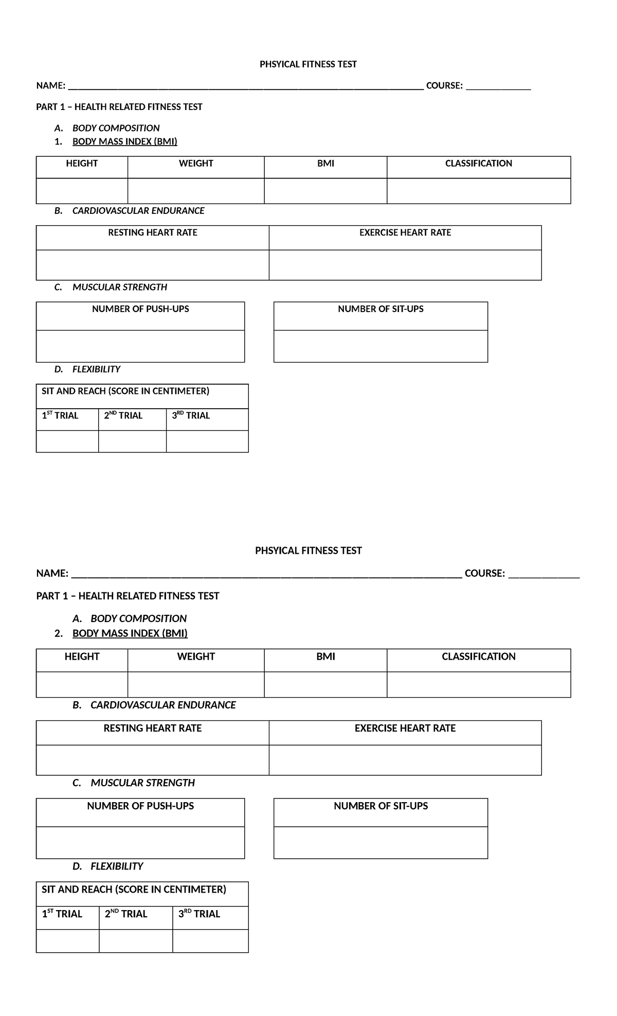 Phsyical Fitness TEST - PHSYICAL FITNESS TEST NAME: - Studocu