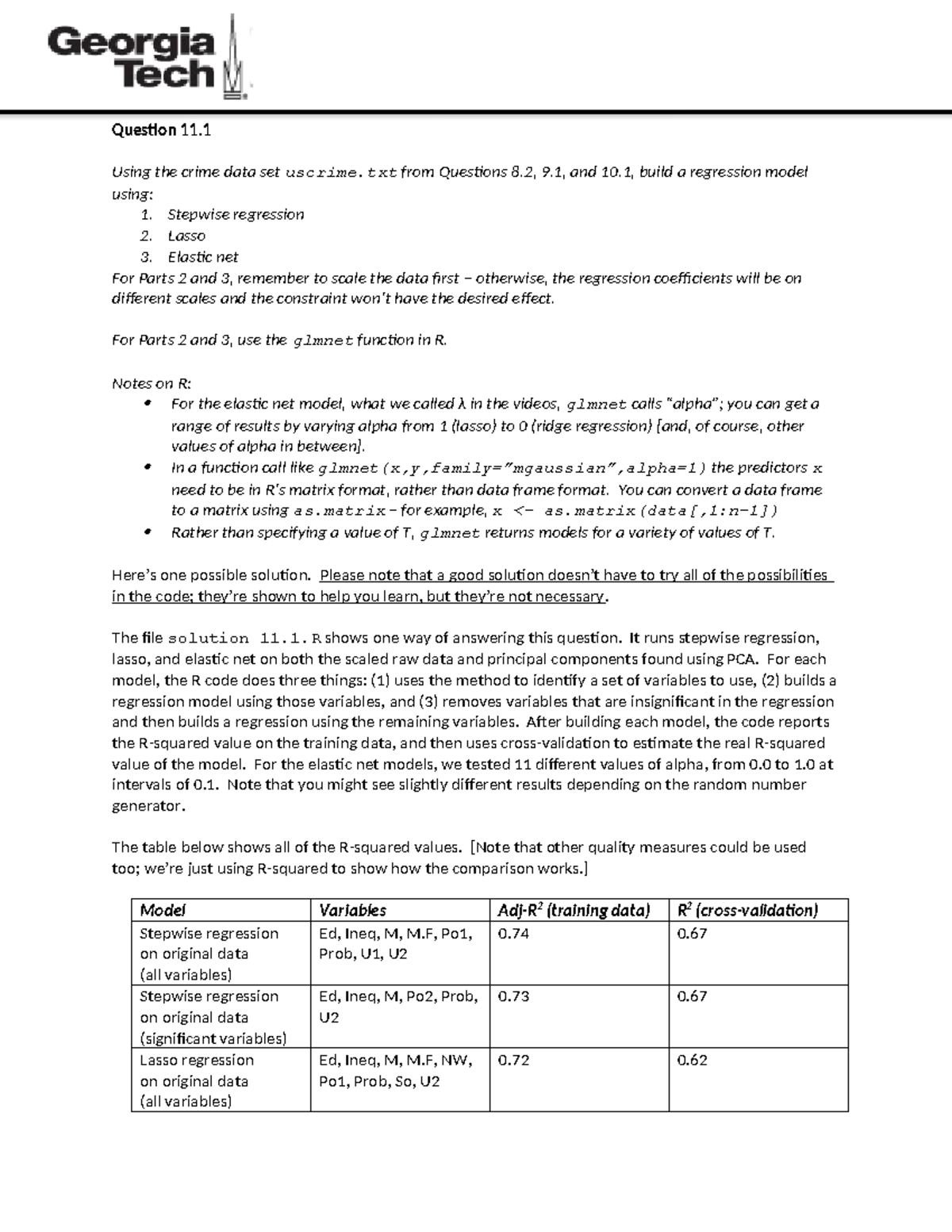 Solution 11 - Question 11. Using the crime data set uscrime from ...