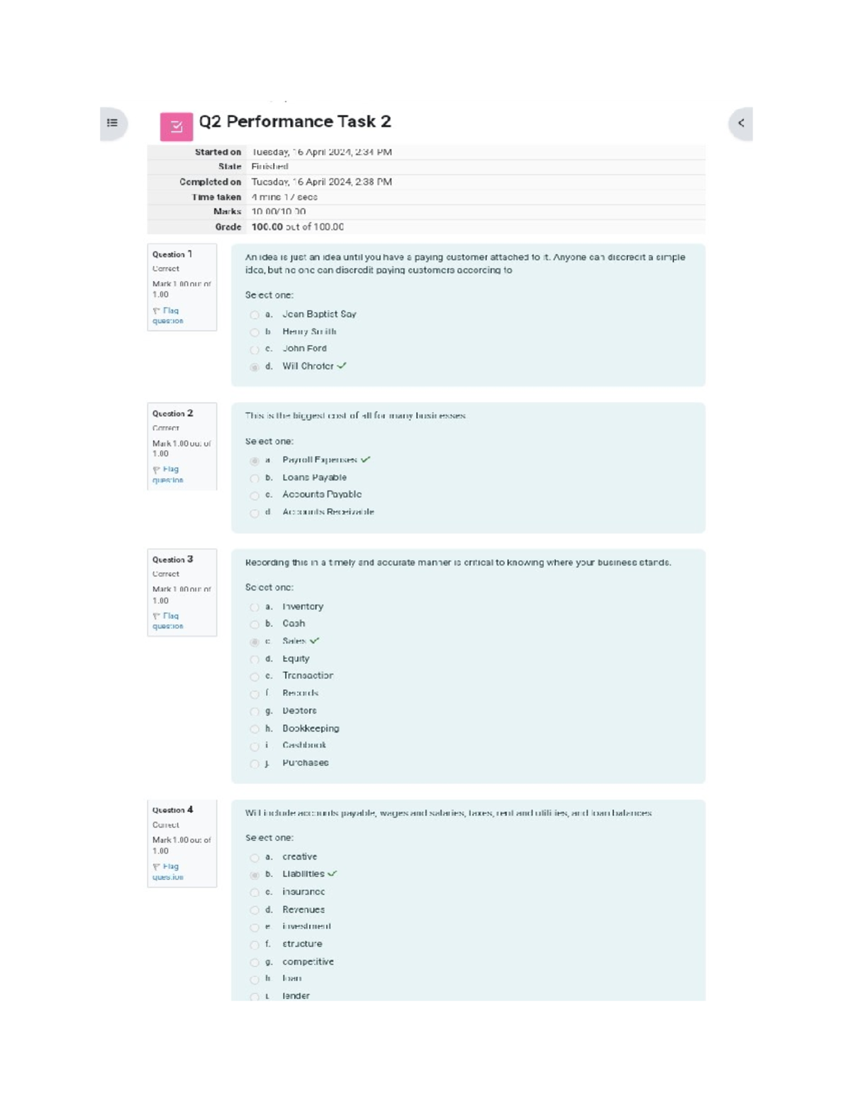 Q2- Performance TASK 2 - Q2 Performance Task 2 Started on Tuesday, 16 April 2024, 2:34 PM State ...