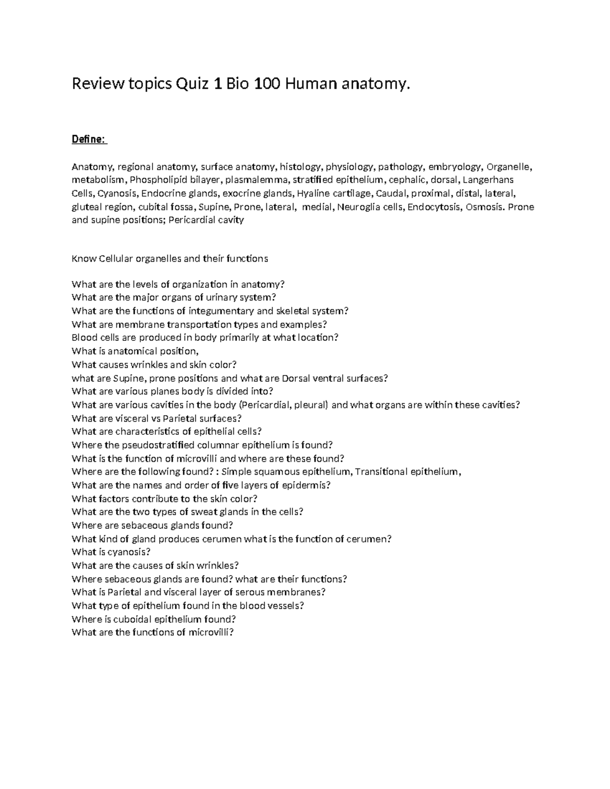 Review topics Quiz 1 Bio 100 Human anatomy updated-23 - Review topics ...
