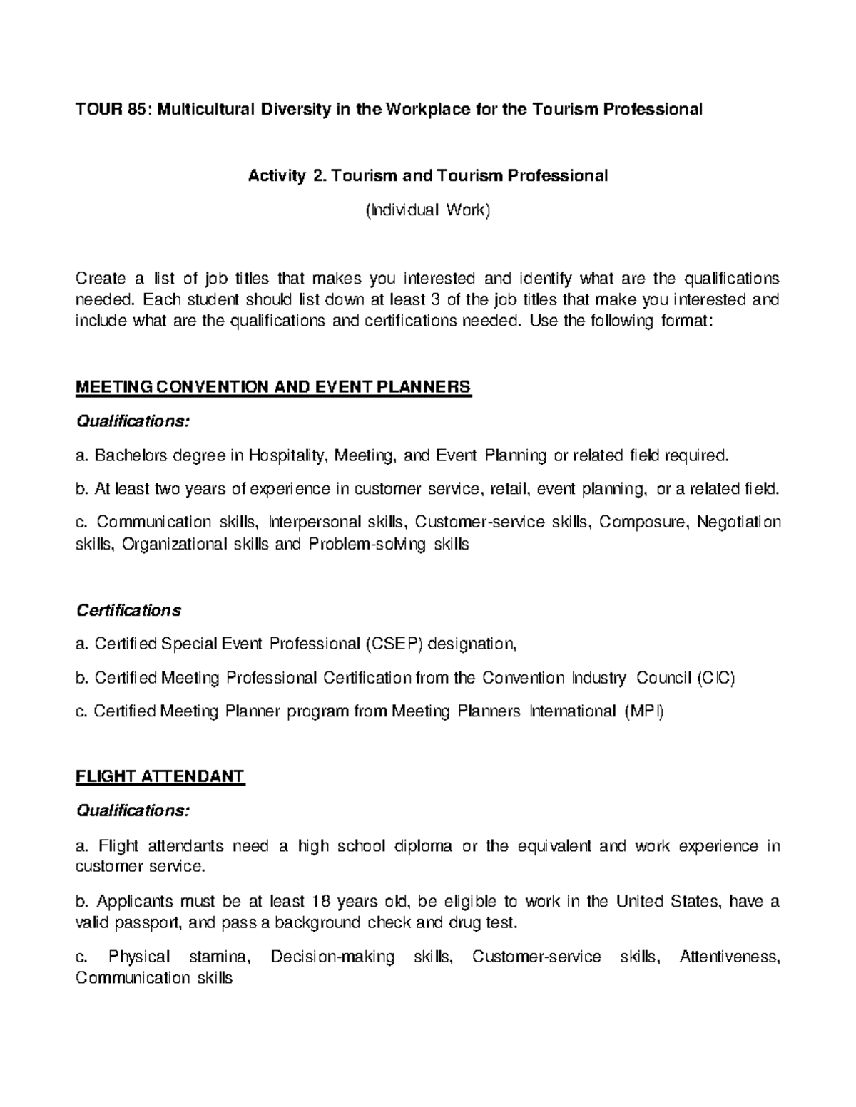 Activity 2 - Tourism and Tourism Professional - TOUR 85: Multicultural ...