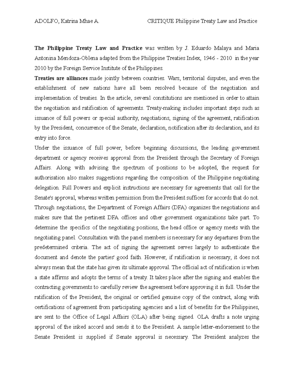CRITIQUE Philippine Treaty Law and Practice - ADOLFO, Katrina Mhae A ...