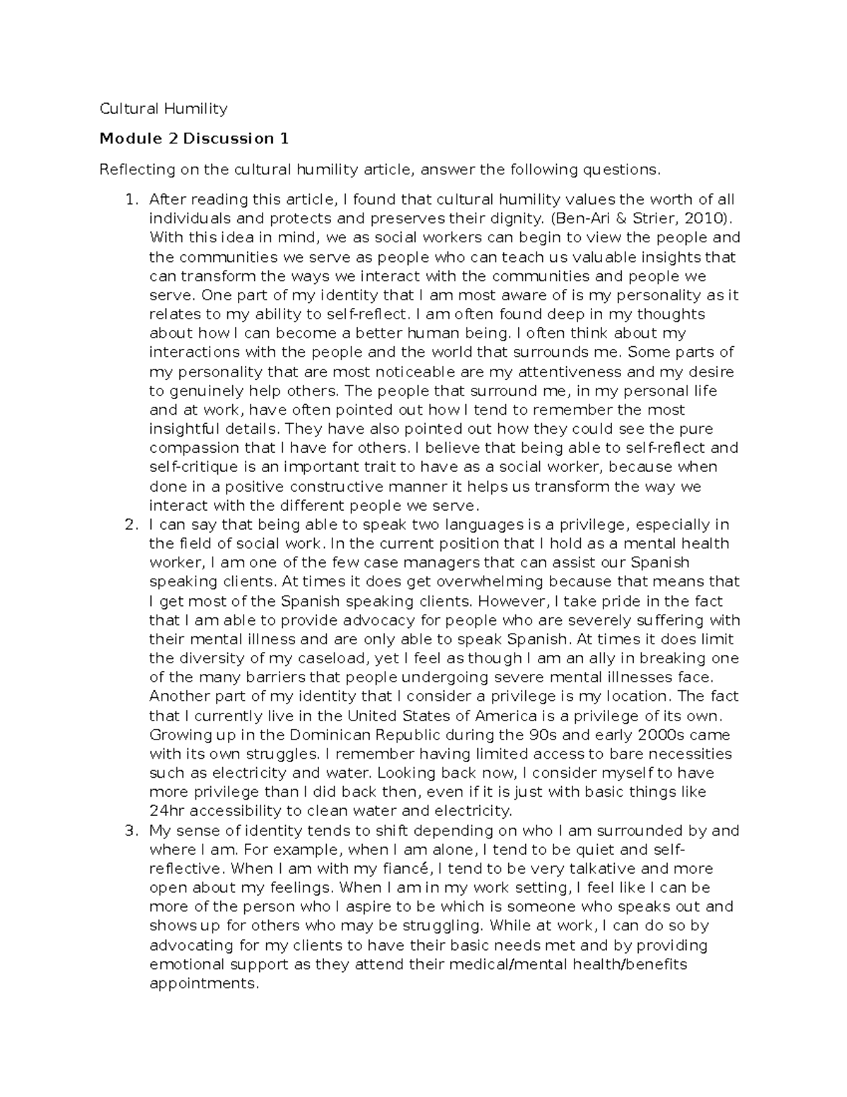 Cultural Humility - Cultural Humility Module 2 Discussion 1 Reflecting ...