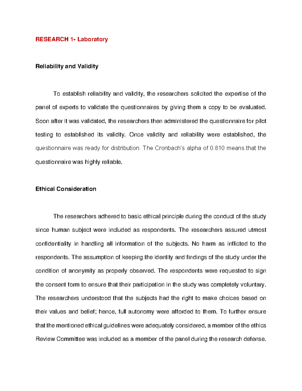 Research -Reliability and Validity (Sample Guide) - RESEARCH 1 ...