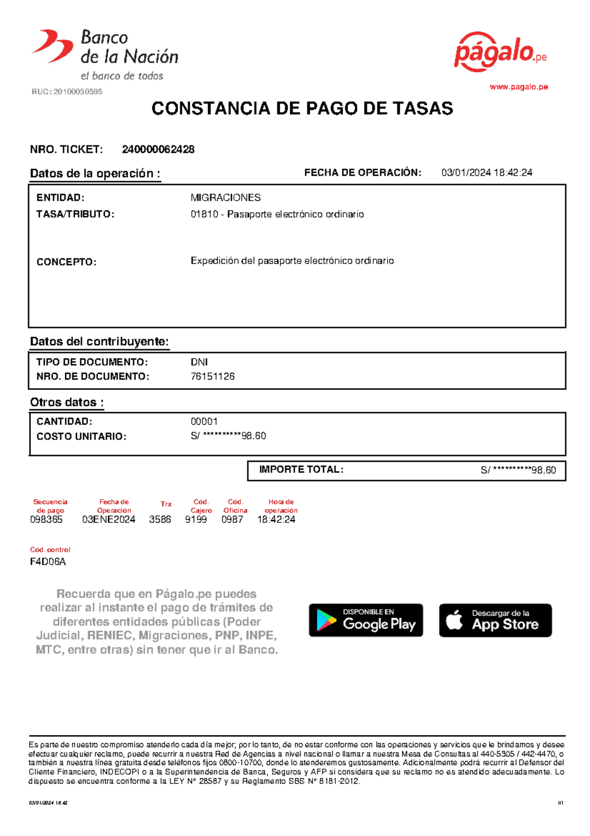 Constancias Pago 240000062428 - CONSTANCIA DE PAGO DE TASAS RUC: 20100030595 pagalo FECHA DE ...