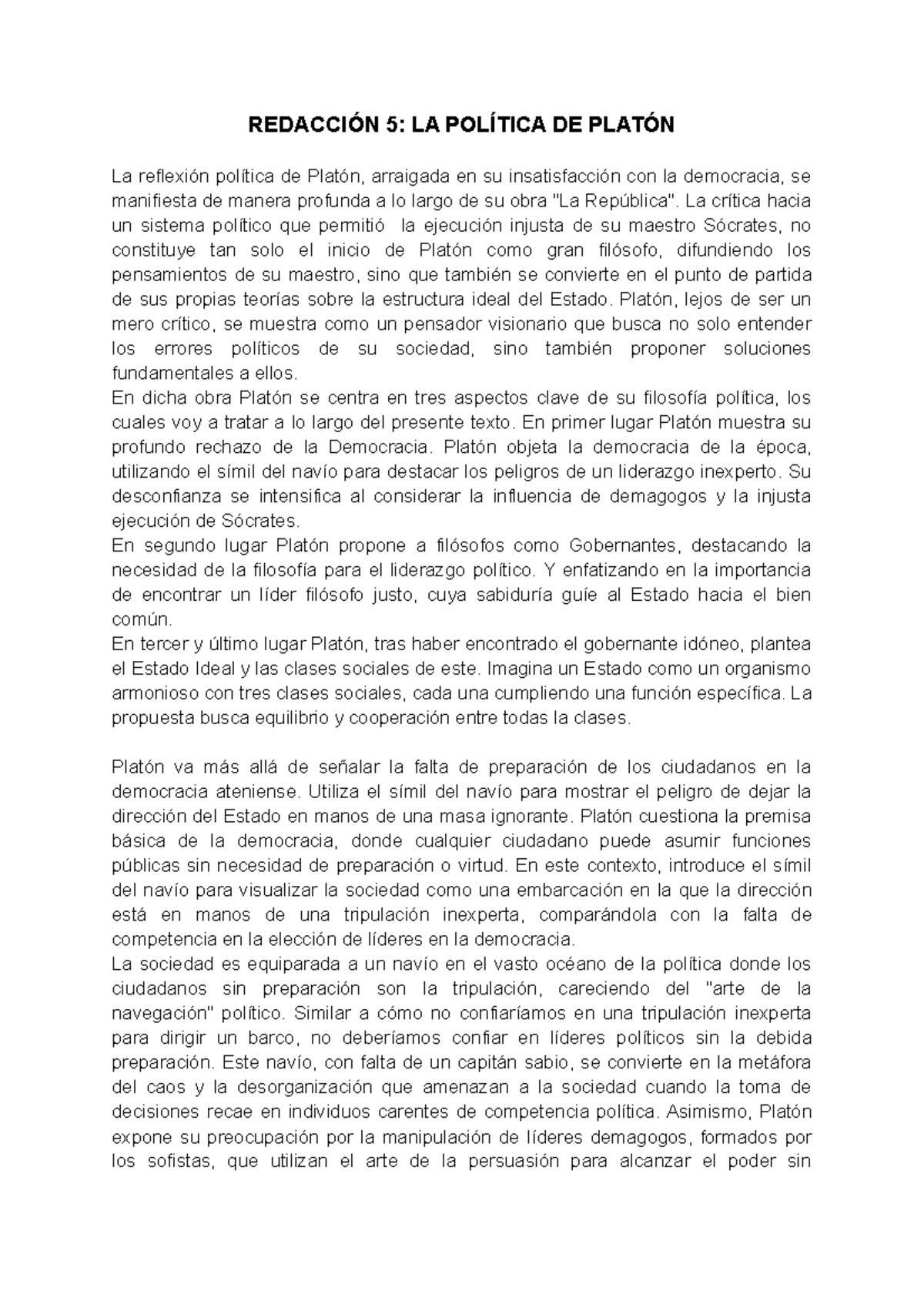POLÍTICA Platón - REDACCIÓN 5: LA POLÍTICA DE PLATÓN La reflexión ...