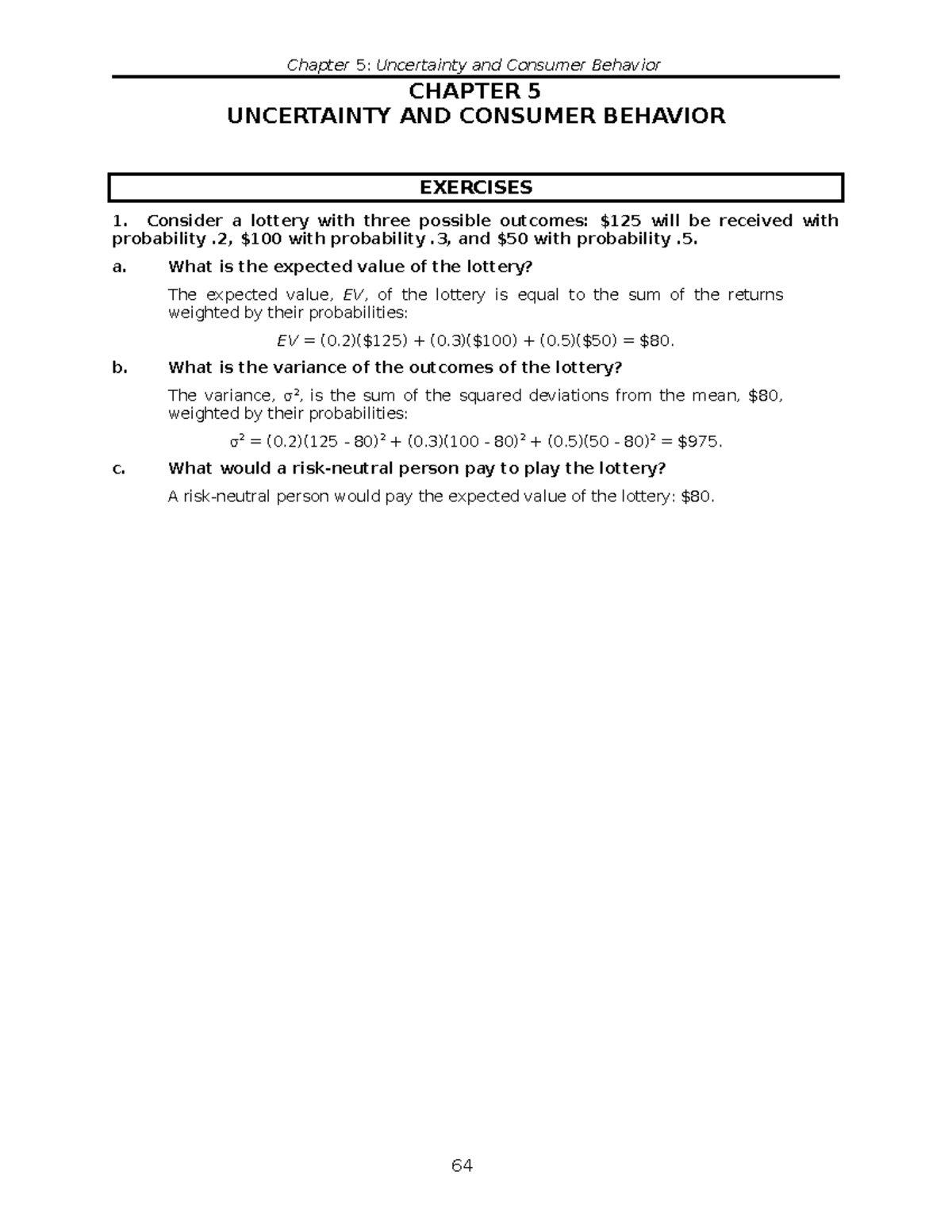 Pindick, Microeconomics Solution Ch.05 - CHAPTER 5 UNCERTAINTY AND ...