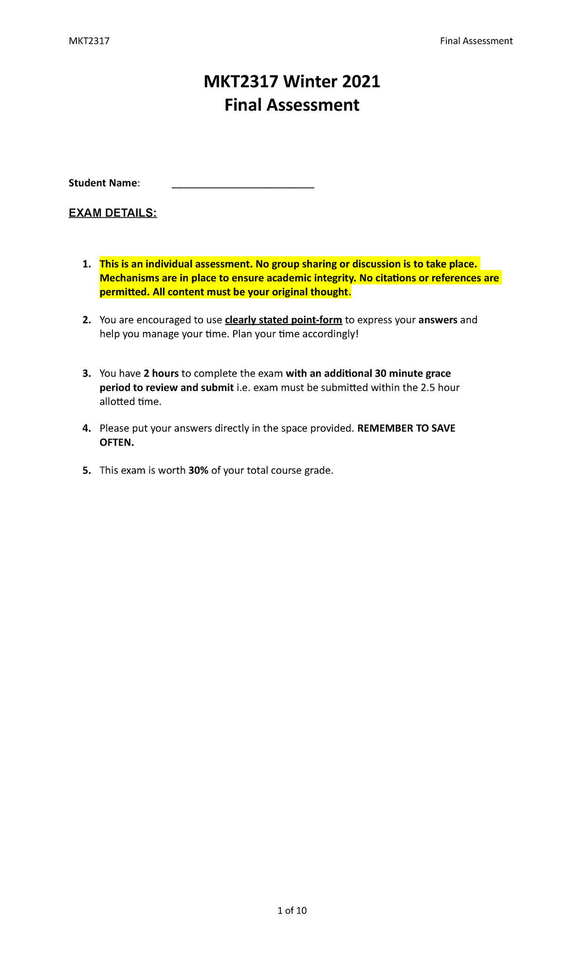 MKT2317 - Final Exam - Winter 2021 - MKT2317 Winter 2021 Final Assessment Student Name : - Studocu