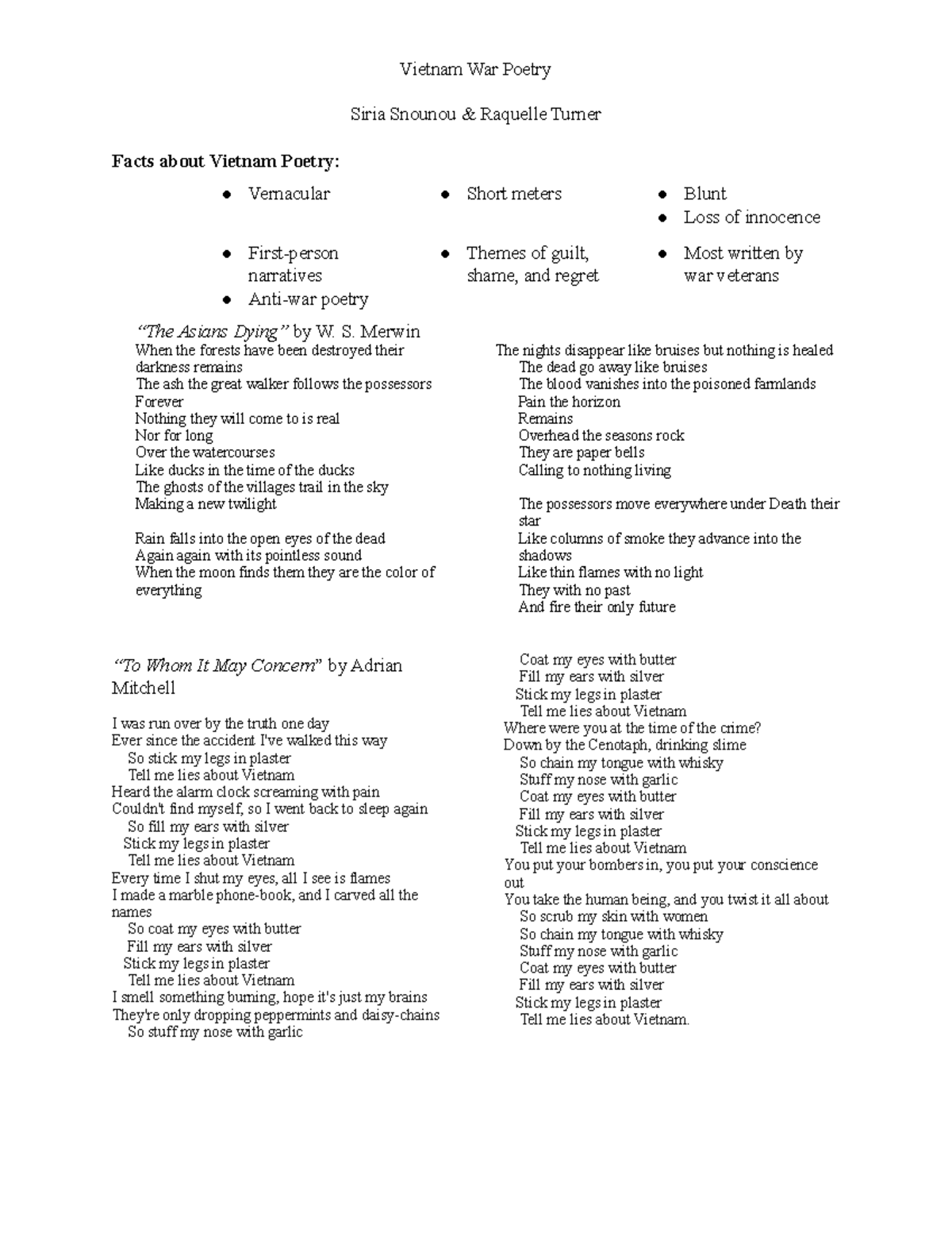 Vietnam War Poetry - N/A - Vietnam War Poetry Siria Snounou & Raquelle ...