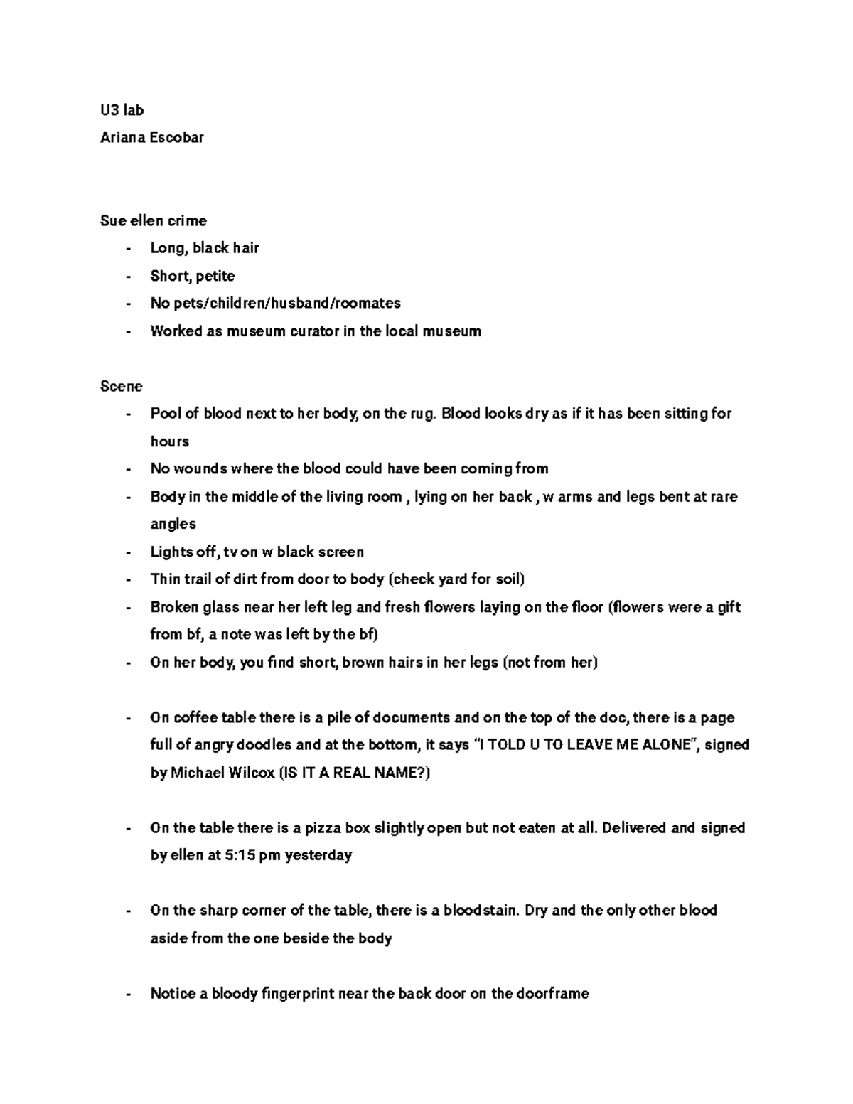 Forensic Science Unit 3 Lab: SUE ELLEN CRIME - U3 lab Ariana Escobar ...