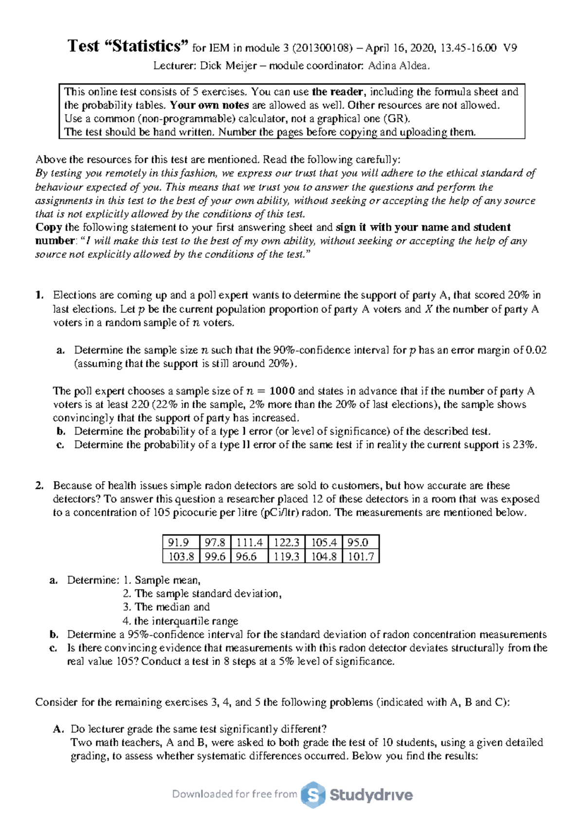 Statistics - Module 3 - Test 2020 - Test “Statistics” for IEM in module ...