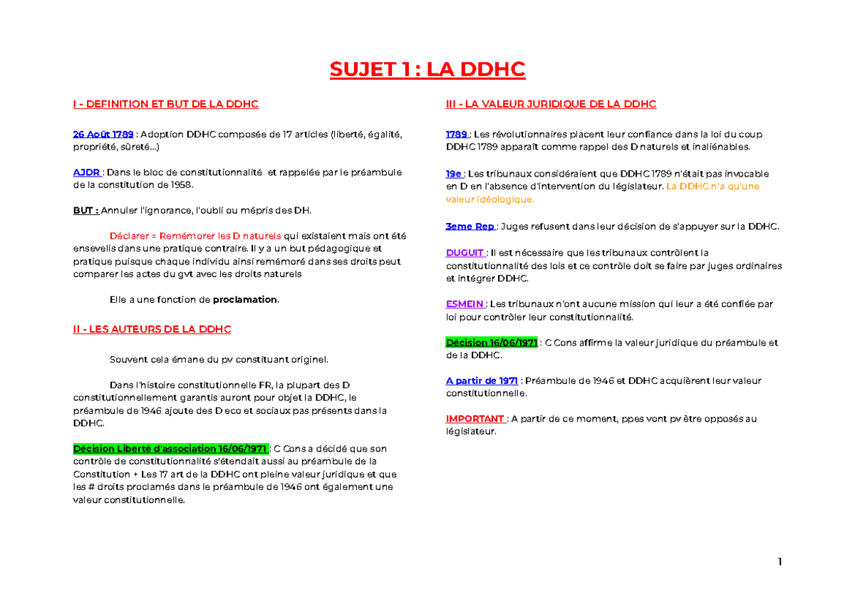Sujet 1 LA DDHC - SUJET 1 : LA DDHC I - DEFINITION ET BUT DE LA DDHC 26 ...