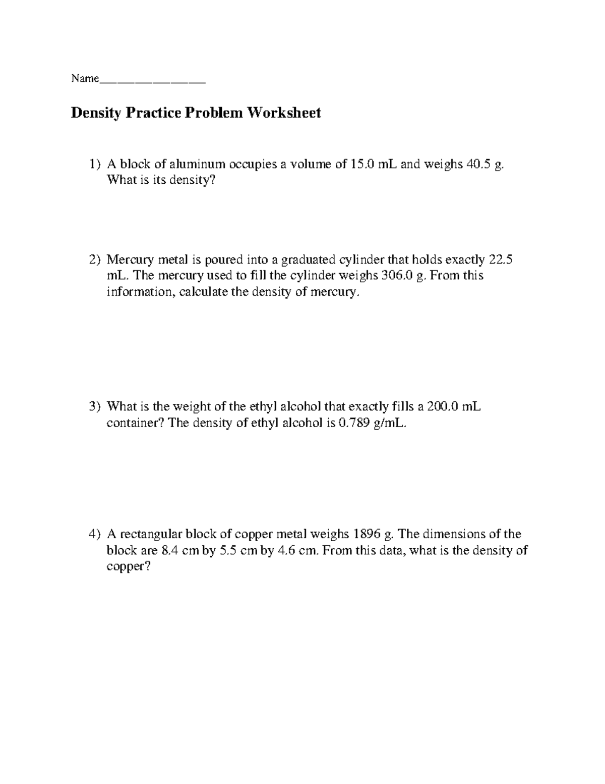 Density Practice Problems - Name__________________ Density Practice ...