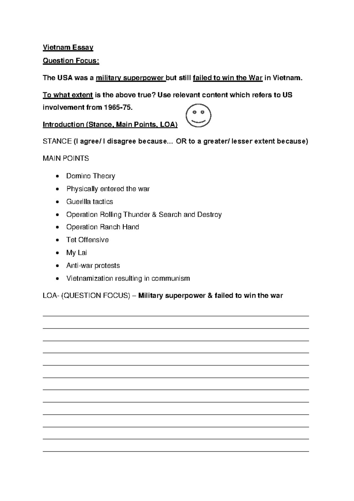Condensed- Vietnam Essay - Vietnam Essay Question Focus: The USA was a ...