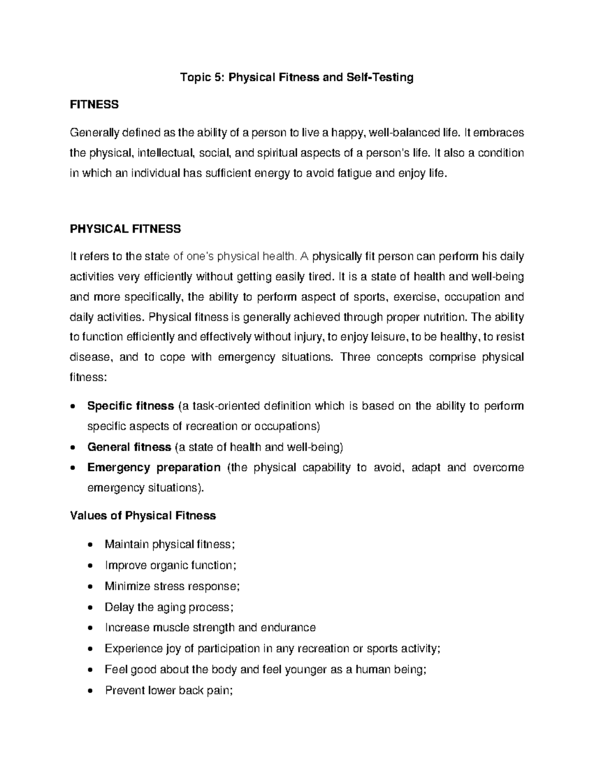 Physical Education Topic 5 - Topic 5: Physical Fitness and Self-Testing ...